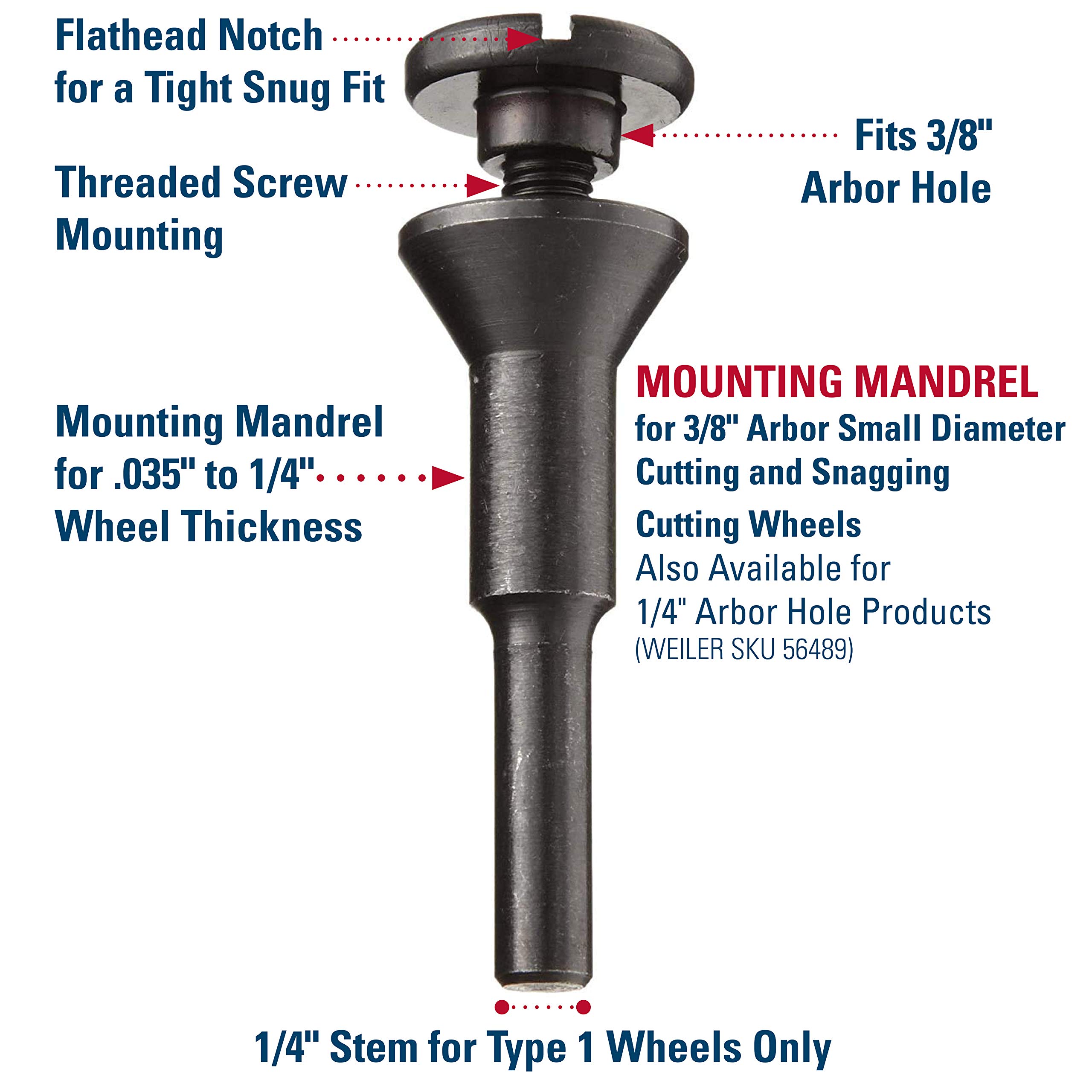 Weiler 56490 Mounting Mandrel For Cut-Off Wheels W/3/8" Arbor Hole, 1/4" Stem