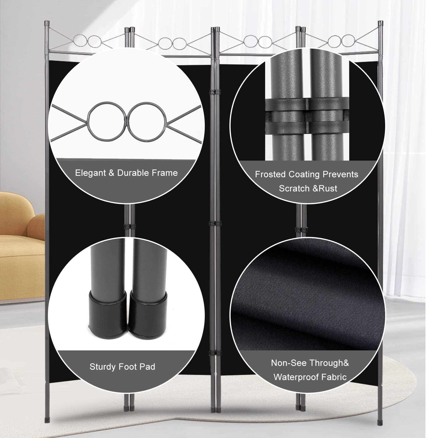 Room Divider 4 Panel Tall Room Dividers and Folding Privacy Screens, 6 Ft Indoor Divider Room Fabric Panel W/Matel Frame, Freestanding Wall Divider Screen Partition Room Dividers for Bedroom Office