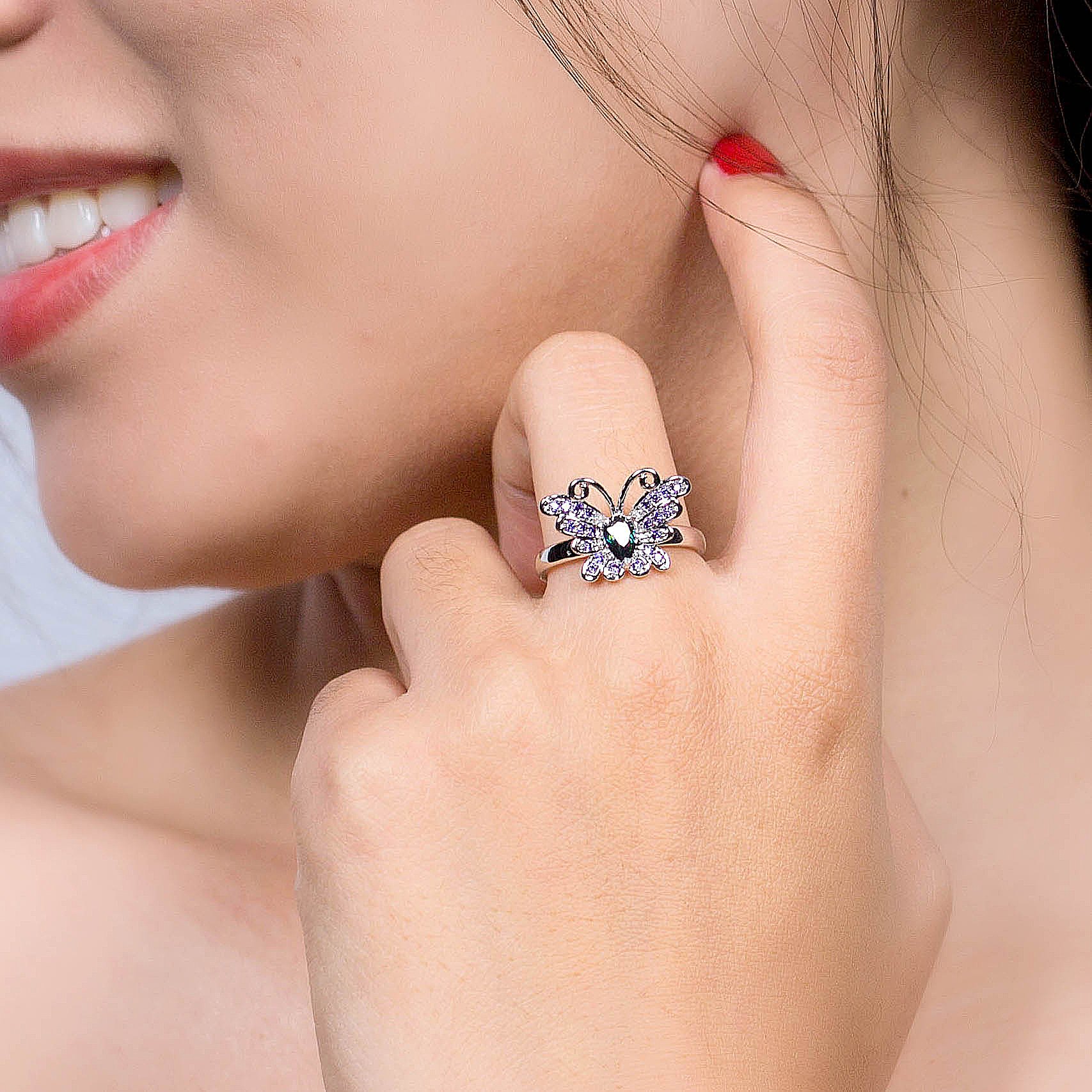 Veunora Silver Plated 4x6mm Pear Cut Created Rainbow Topaz and Amethyst Cubic Zirconia Filled Promise Proposal Engagement Wedding Butterfly Ring Band for Women Size 13