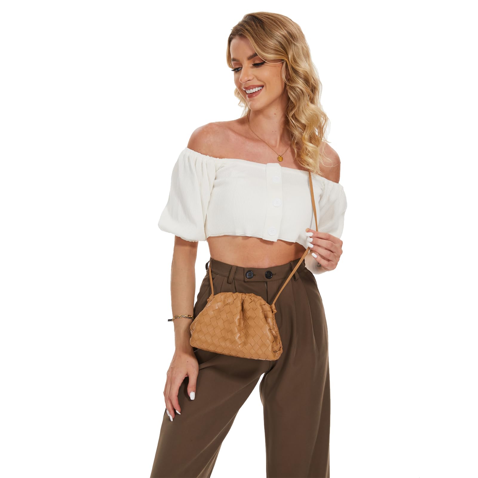 SUMICH Crossbody Purse for Women Quilted Clutch Handbag Dumpling Bag Cloud Purse Ruched Bag Handmade Leather Hobo Bag (Khaki)