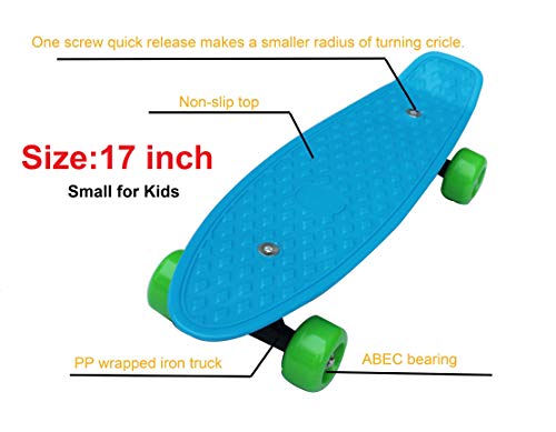 SK8MEMO 17X5inch Kids Skateboard, Mini Skateboard for Beginners (Blue)……
