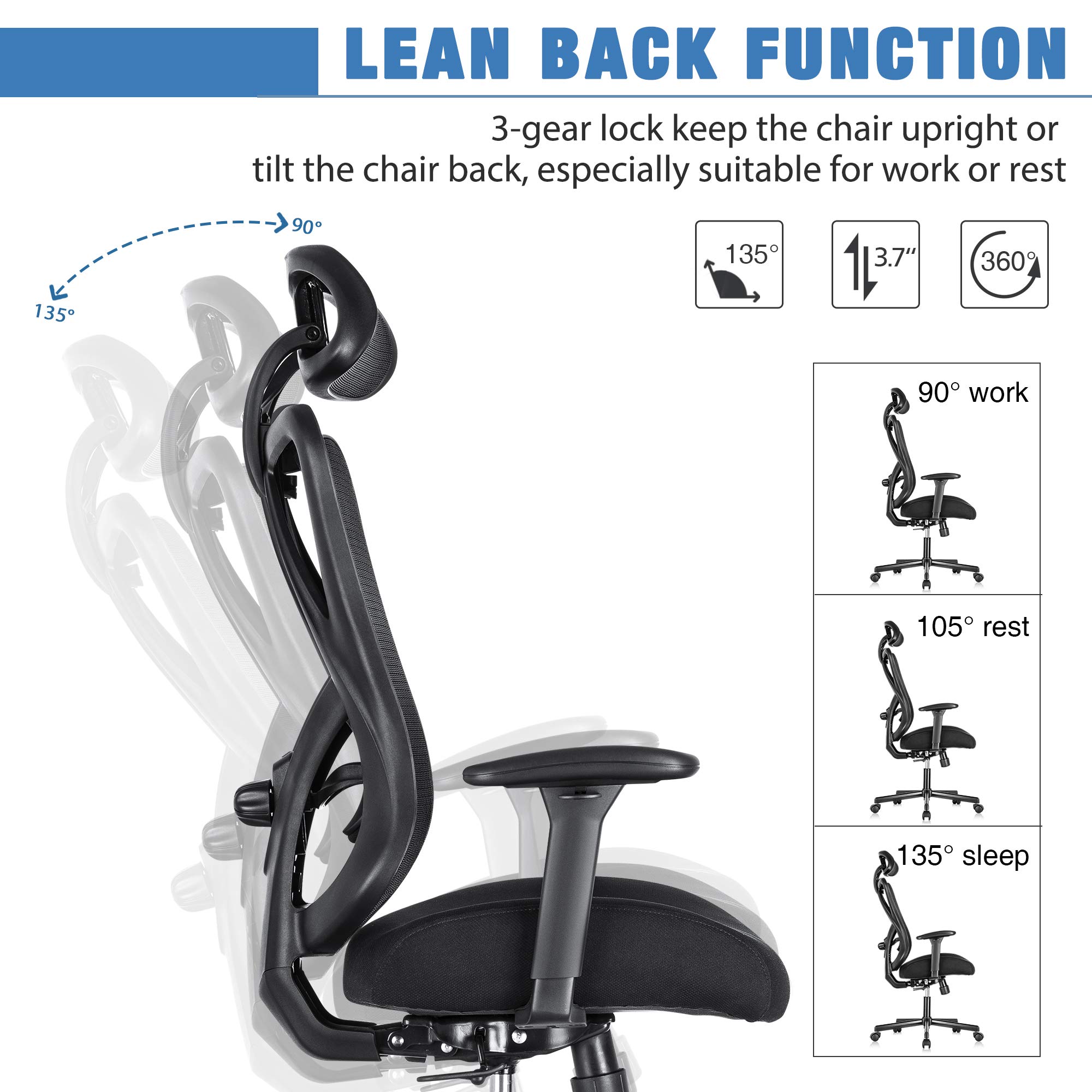SUNNOW Ergonomic Office Chair, Mesh Computer Chair with Adjustable Lumbar Support & Thick Seat Cushion, Adjustable Headrest & Armrest, 135°Reclining, Swivel Executive Task Chair for Office, Work