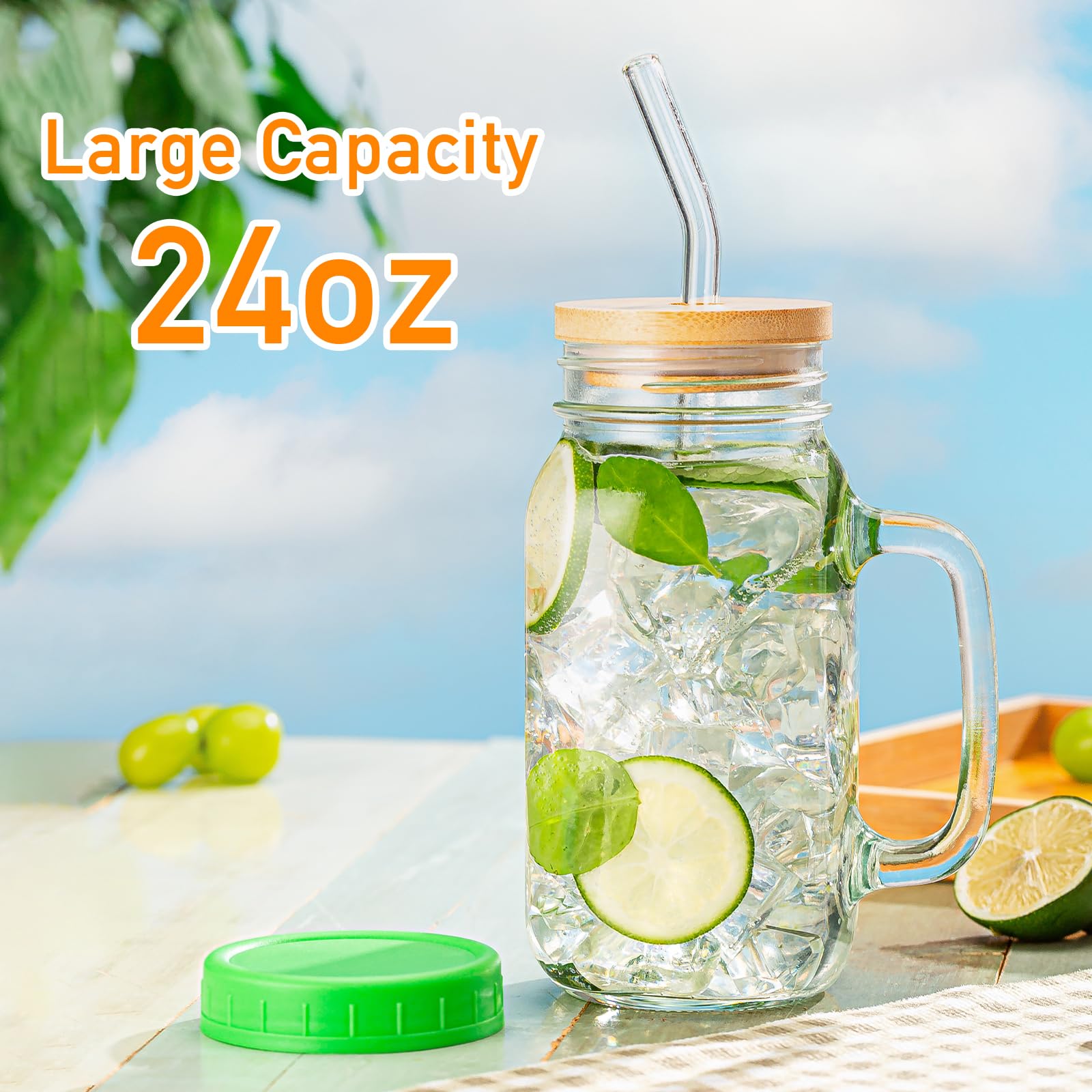 wookgreat Mason Jars with Handle, 6 Pack 24oz Mason Jar Drinking glasses with lid and straw, Mason Jar Cups, Regular Mouth Mason Jar mugs for Iced Coffee, Smoothie, Airtight Lids for Food Storage
