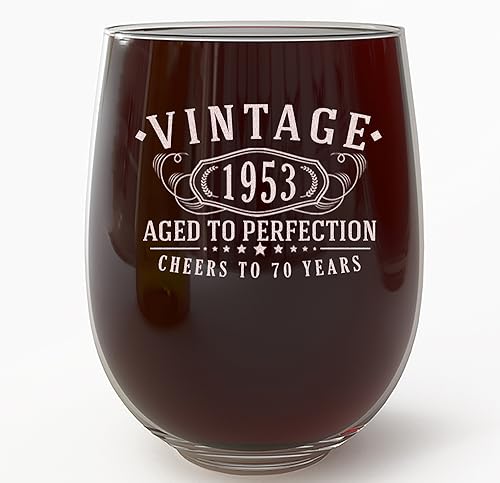 Vintage 1953 Etched 17oz Stemless Wine Glass – Happy 70th Birthday Gifts for Women Men, Cheers to Turning 70 Year Old Decorations Decor, 70th Bday Party Favors Supplies, Best Gift Ideas Her Woman 1.0