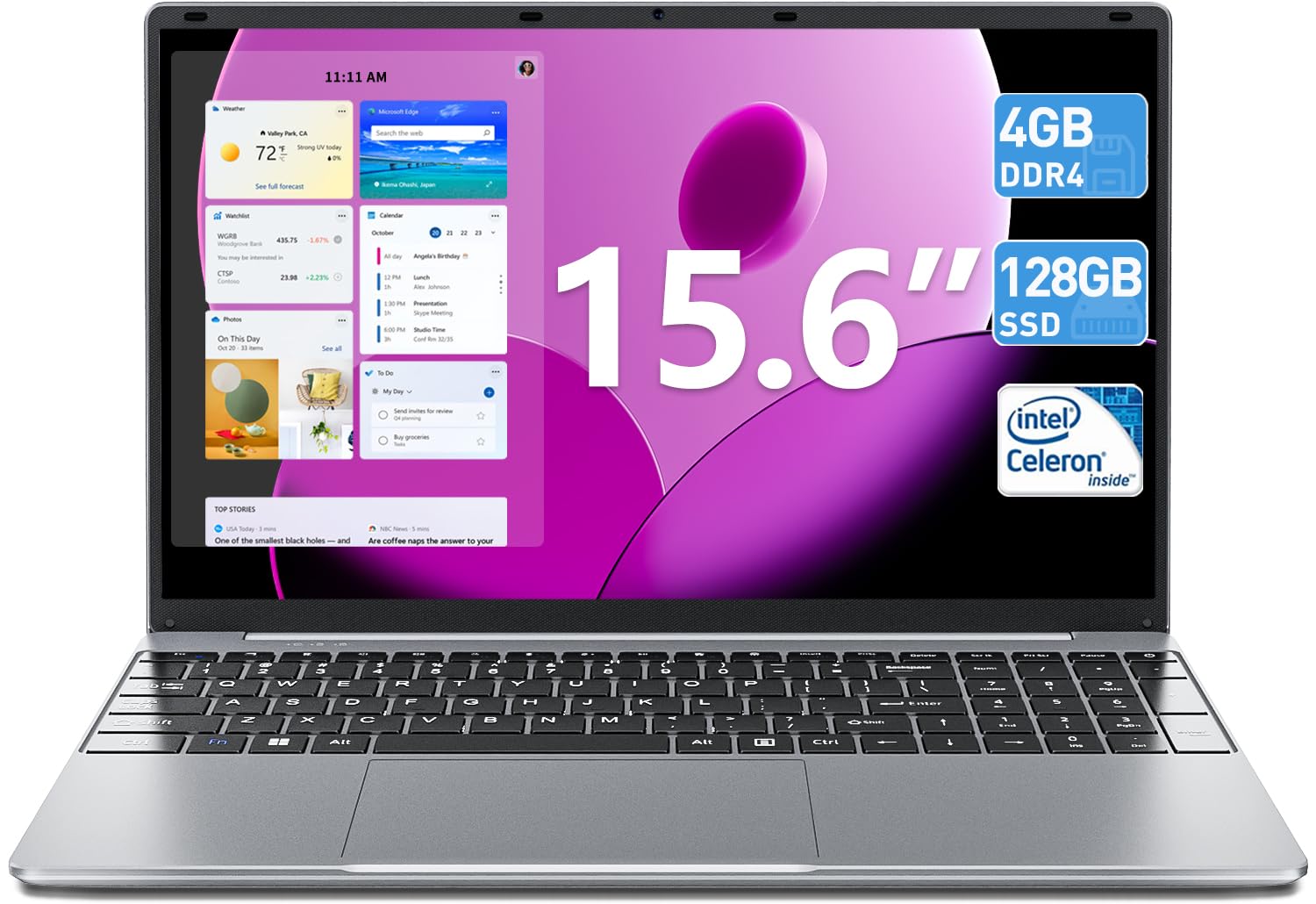 SGIN 15.6 Inch Laptops, 4GB DDR4 RAM 128GB SSD Laptop, Celeron Quad Core Processor, UHD Graphics 600, WiFi, Bluetooth 4.2, Mini HDMI, USB3.0