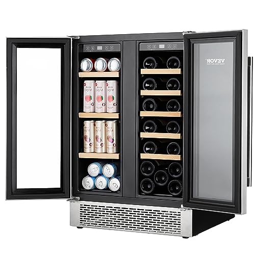 VEVOR Cooler Dual-Zone Beverage Refrigerator Built-in or Freestanding Wine Fridge & Blue LED Light, Tempered Glass Doors, Child Lock for Drink Soda, 81 Cans and 20 Bottles, Black, Silver