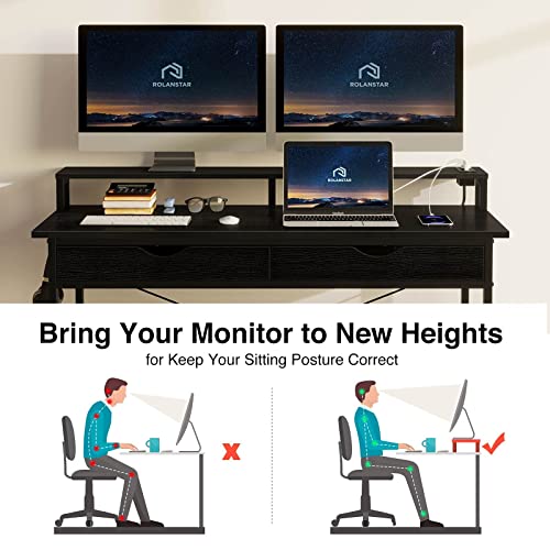 Rolanstar Computer Desk with 2 Drawers and Power Outlet, 39" Home Office Writing Desk with Monitor Stand, Workstation Table with Stable Metal Frame, Black