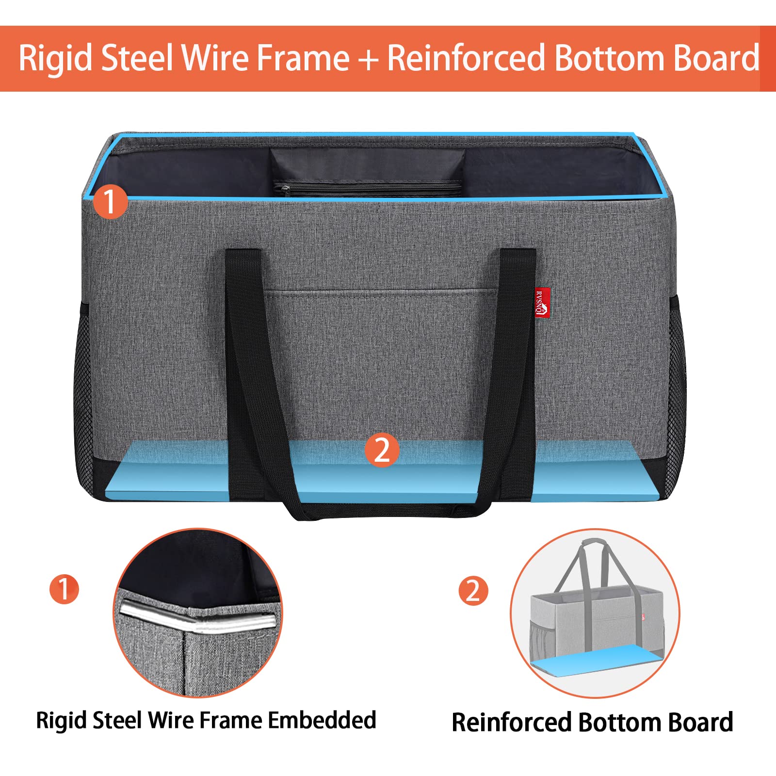 RVSNQ Extra Large Utility Tote Bag, Foldable Reusable Grocery Bags, Collapsible Tote with Metal Wire Frame & Reinforced Bottom Board, Stand up Large Utility Tote for Groceries, Shopping, Storage(Grey)