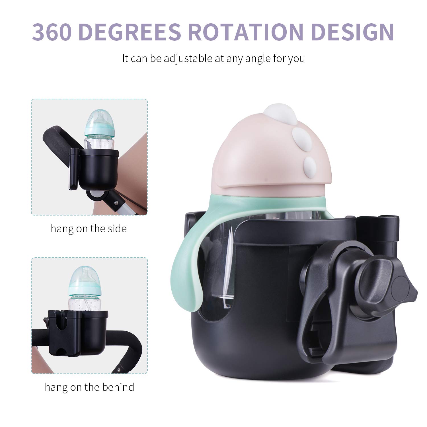 SUNVENO Stroller Universal Cup Holder, 360 Degrees Rotation 2 in 1 Large Bottle Holder with Phone Holder for Stroller, Pushchair,Wheelchair, Walker, Black
