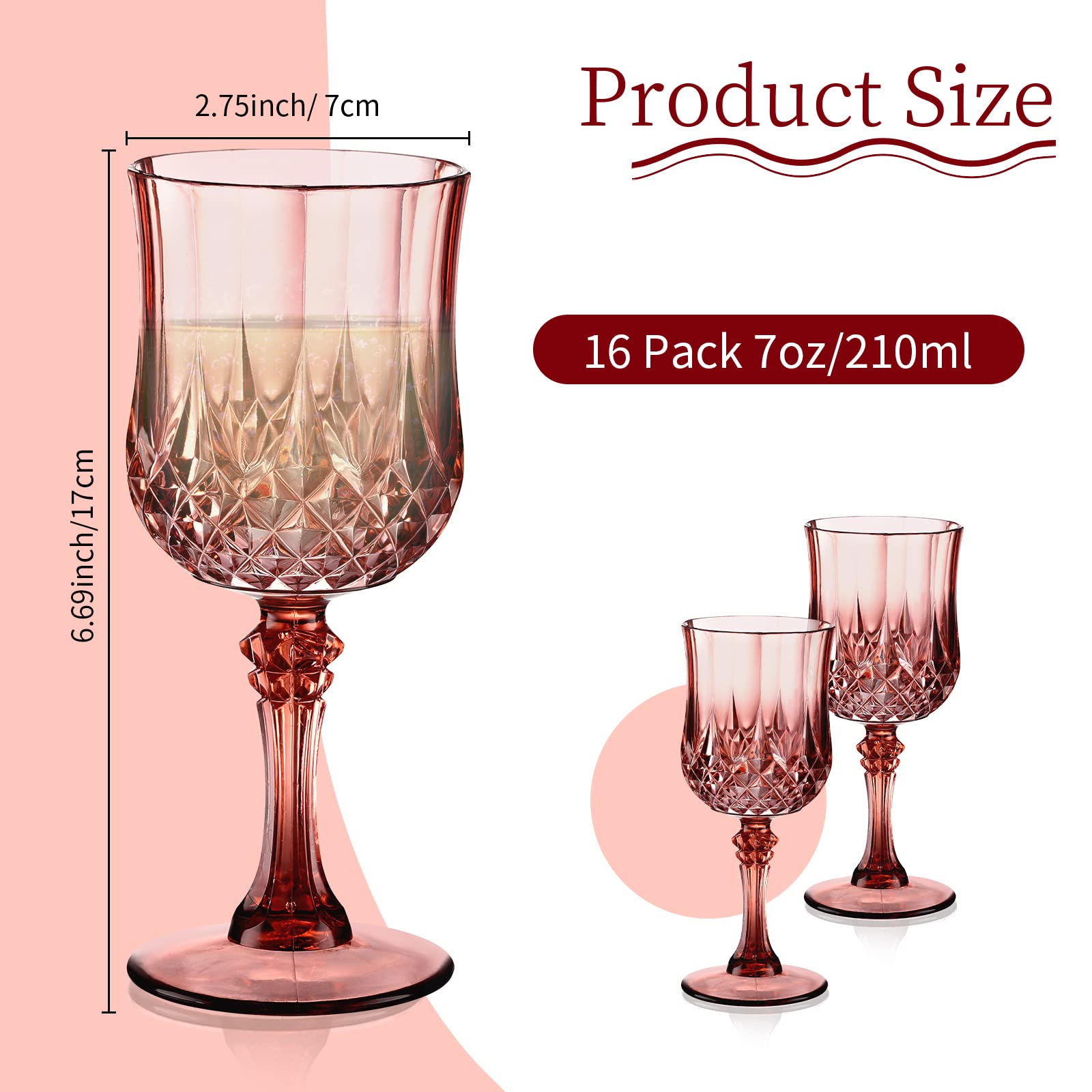 XUWAIDSGN 7oz Plastic Vintage Rose Gold Drinking Glasses Pink Wine Glasses Unbreakable Wedding Glassware Crystal Water Goblets Reusable Drinkware Vintage Champagne Flutes (16, Rose Gold)