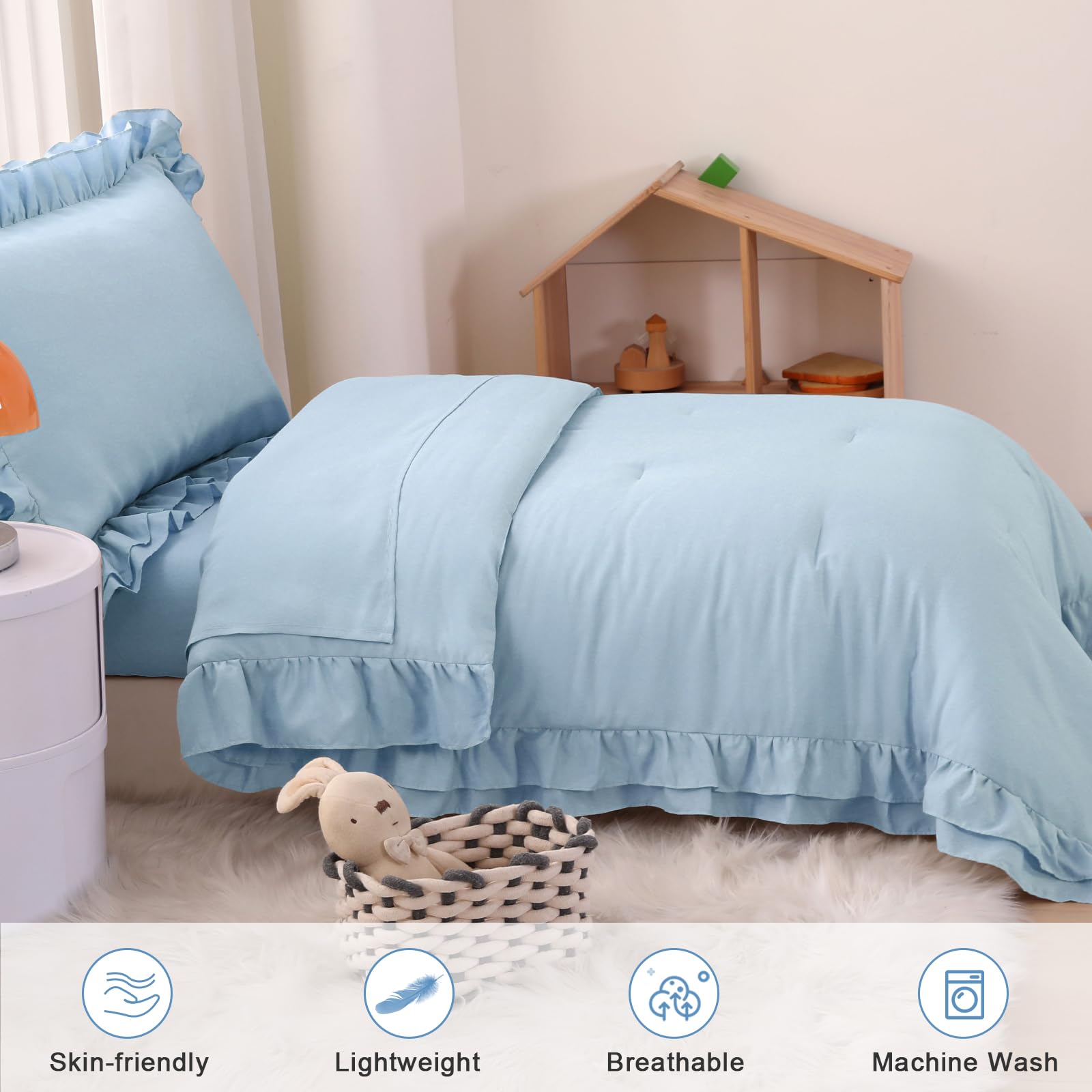 Wowelife 4 Pieces Toddler Bedding Sets for Girls Boys Beige Toddler Bed Set Double Ruffles Boho Bohemian Jacquard Kids Bed in a Bag Includes Comforter, Fitted Sheet, Top Sheet and Pillowcase
