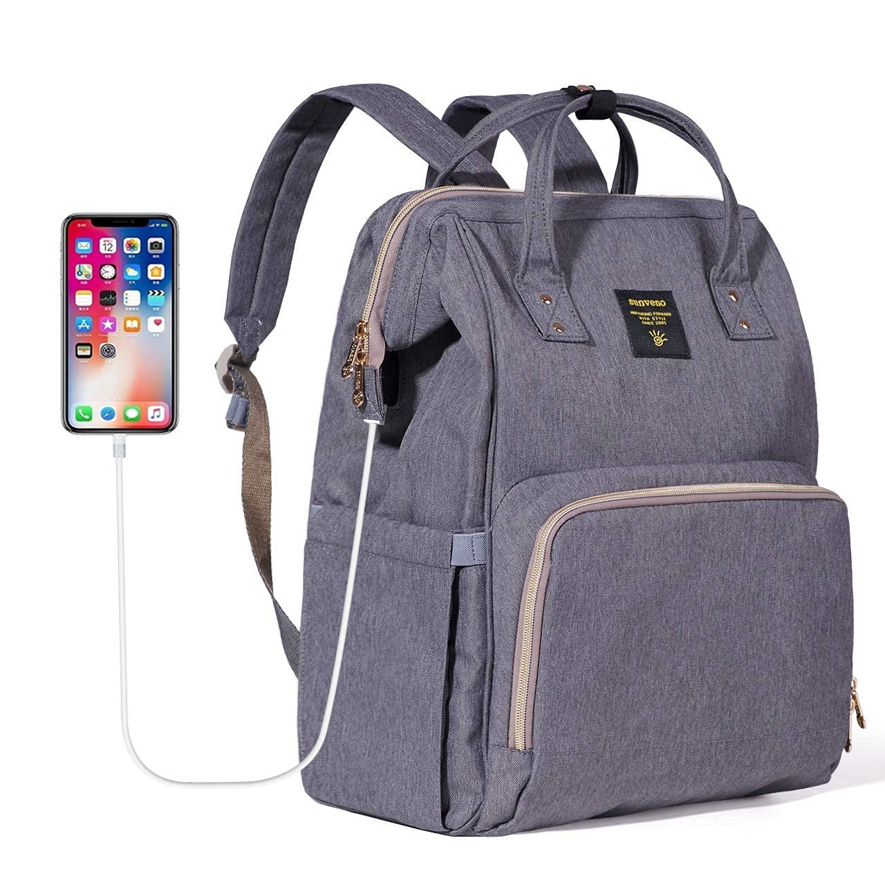 SUNVENO Diaper Bag Backpack with 4 Pack Stroller Hooks, Large Capacity Baby Bags Multifunction Travel Backpack for Mom and Dad, Grey