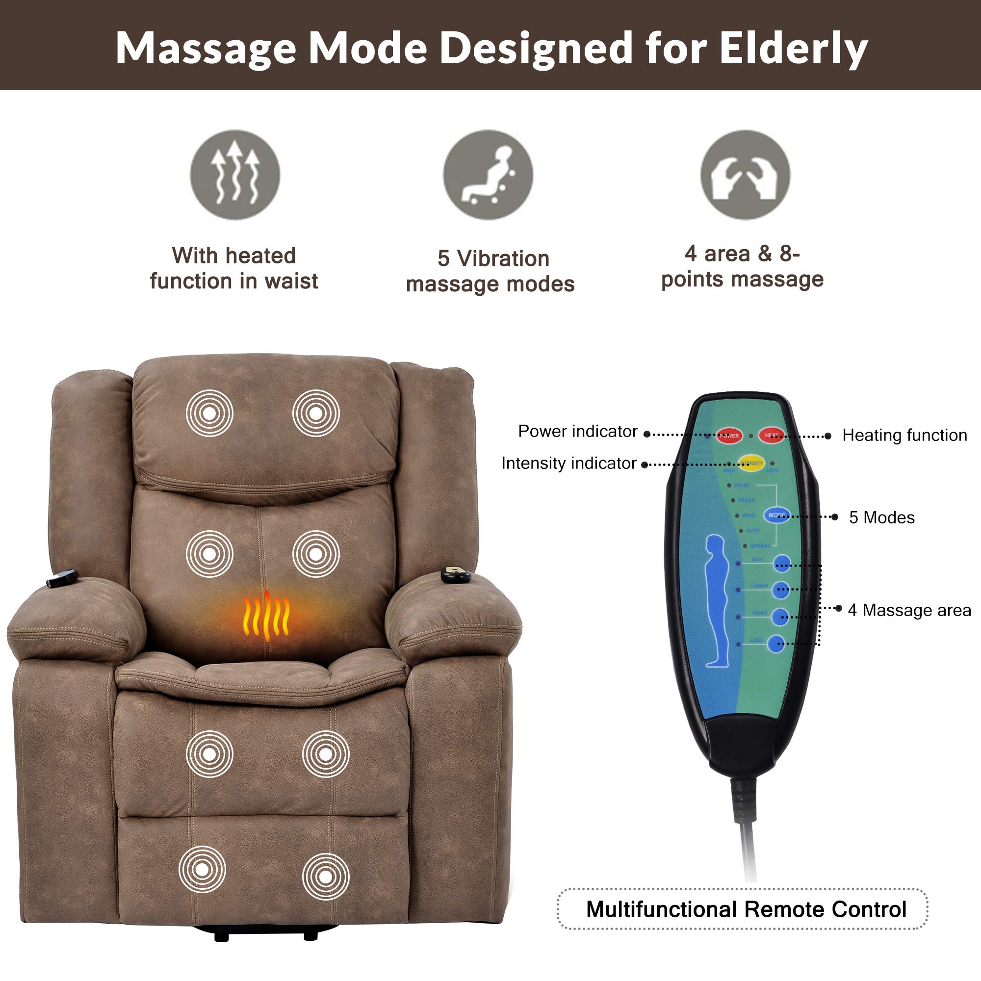 Prohon Chair with 5 Mode Vibration Massage and Heat Function, Comfort Lift Rocker Single Lounge Sofa Ergonomic Power Reclining for Adults Elderly, Brown