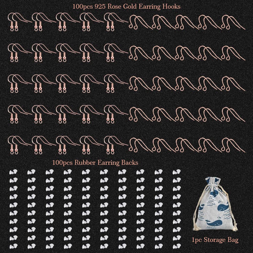 Rose Gold 925 Sterling Silver Earring Hooks Hypoallergenic 100Pcs Ear Wires Fish Hooks for Jewelry Making Supplies Findings with 100Pcs Clear Rubber Earring Backs