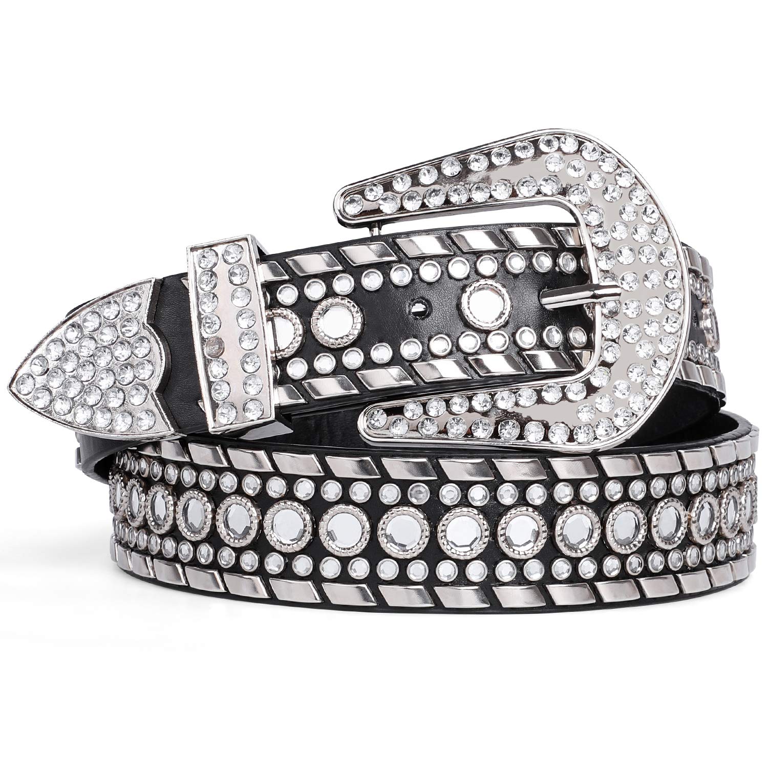 SUOSDEY Rhinestone Belt for Men Women Western Cowboy Cowgirl Bling Studded Leather Belt for Jeans Pants,Black,S