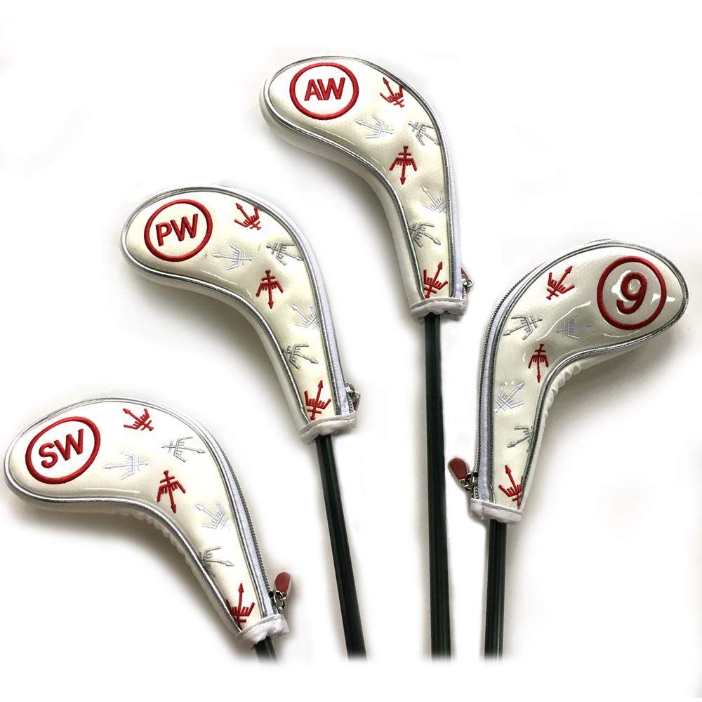 SUNBRO Golf 9pcs (4,5,6,7,8,9,A,P,S) Enamel Luxury Embroidery Greek Culture Poseido Trident Golf Iron Cover Headcovers Head Cover Set Suitable for Right & Left Handed Zipper Closure (WhiteRed)