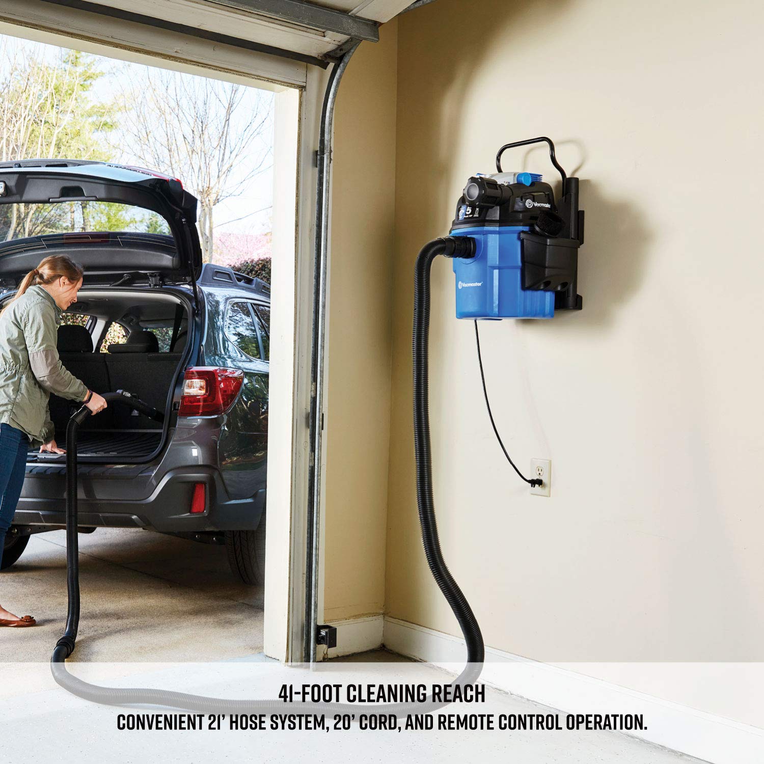 Vacmaster VWM510 5-Gallon 5 Peak HP Remote Control Wall Mount Wet/Dry Shop Vacuum , Blue