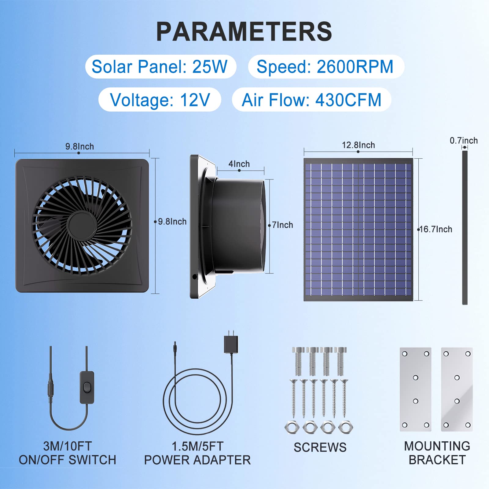 YJHome 25W Solar Powered Fan, Solar Fan with Waterproof Solar Panel, 8" Exhaust Fan, Solar Fans for Outside with On/Off Switch Cable, Ventilation and Cooling for Greenhouses, Shed,Chicken Coops