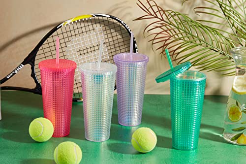 WEST & FIFTH Grid Plastic Cold-Cup Tumbler with Straw, Iridescent Semi-Transparent Square-Textured Cup, BPA-Free Double-Wall Cup for Iced Coffee, Cold Drinks, or Water, 24oz., Mint