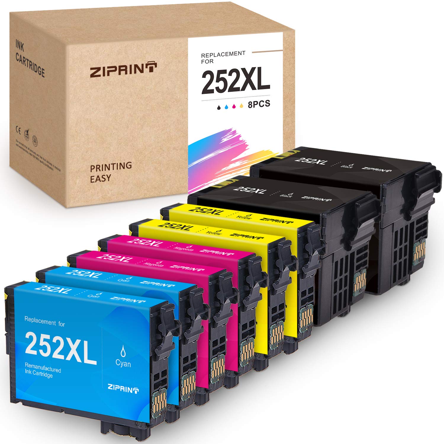 ZIPRINT Remanufactured Ink Cartridge Replacement for Epson 252 XL 252XL T252XL Ink for Epson Workforce WF-7720 WF-7710 WF-3640 WF-3630 WF-3620 WF-7620 WF-7610 WF-7110 Printer, 8-Pack