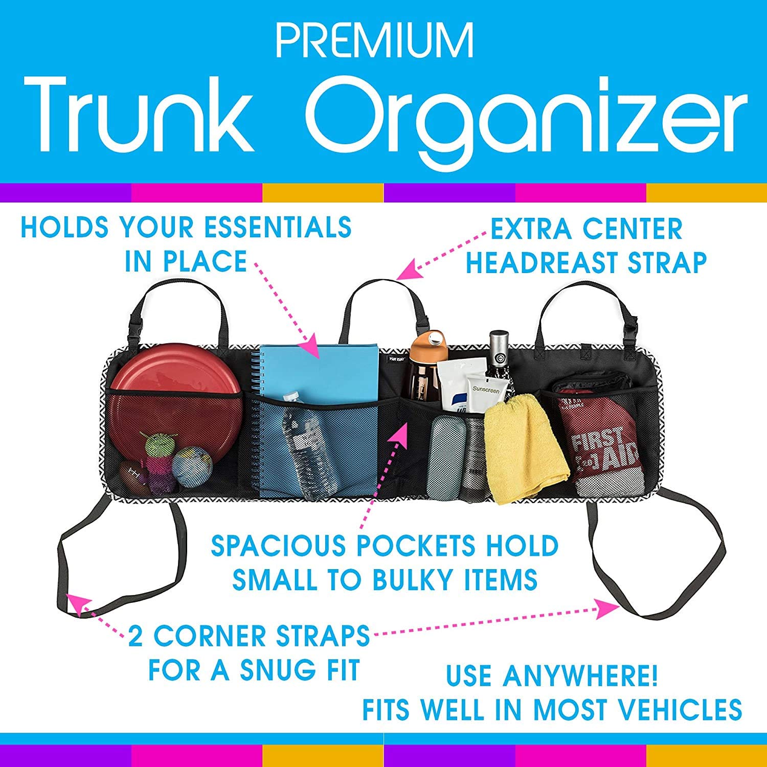 Tidy Ridey Premium Backseat Organizer for Kids, Cars - Large Size, 1 Kids' Accessories, Car Seat Protector-Kick Mat, Made of Durable Material (Trunk Organizer)