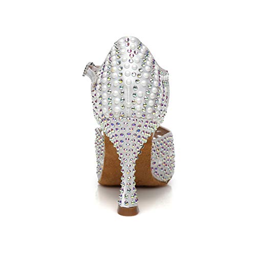 YKXLM Rhinestones Ballroom Dance Shoes Women Latin Salsa Dance Shoes T-Strap,L431-10,White,9.5 US