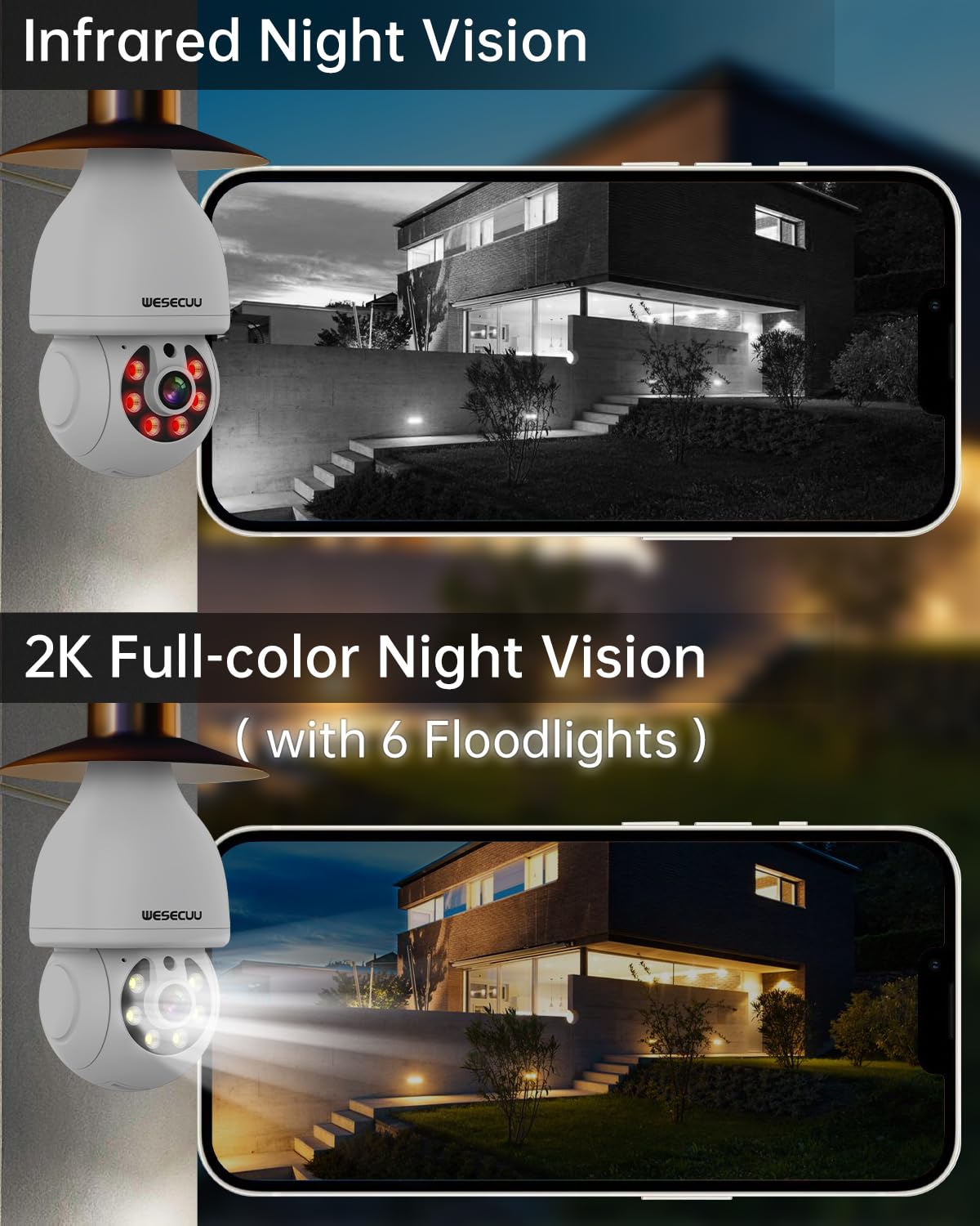 WESECUU Light Bulb Security Camera, 2.4G/5G WiFi Security Cameras Wireless Outdoor Indoor for Home Security, 2-Way Talk, Human Detection, Color Night Vision, Compatible with Alexa