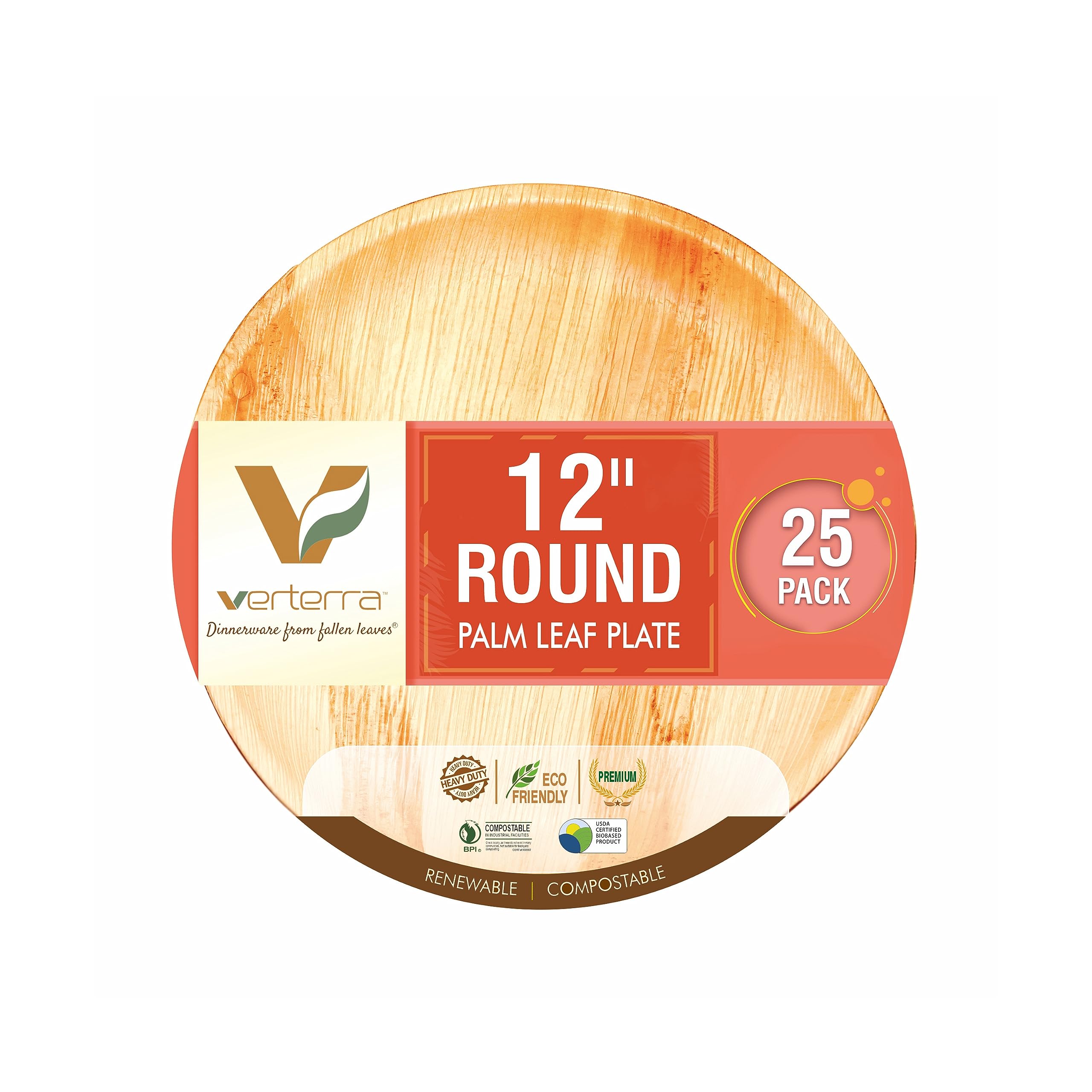 VerTerra 12" Round Large Palm Leaf Plate/Tray/Platter | (25-Pack) - Premium, Heavy Duty, 100% Compostable, Eco-Friendly, Microwave & Oven Safe, Dinnerware Like Bamboo for Wedding, Events, Party