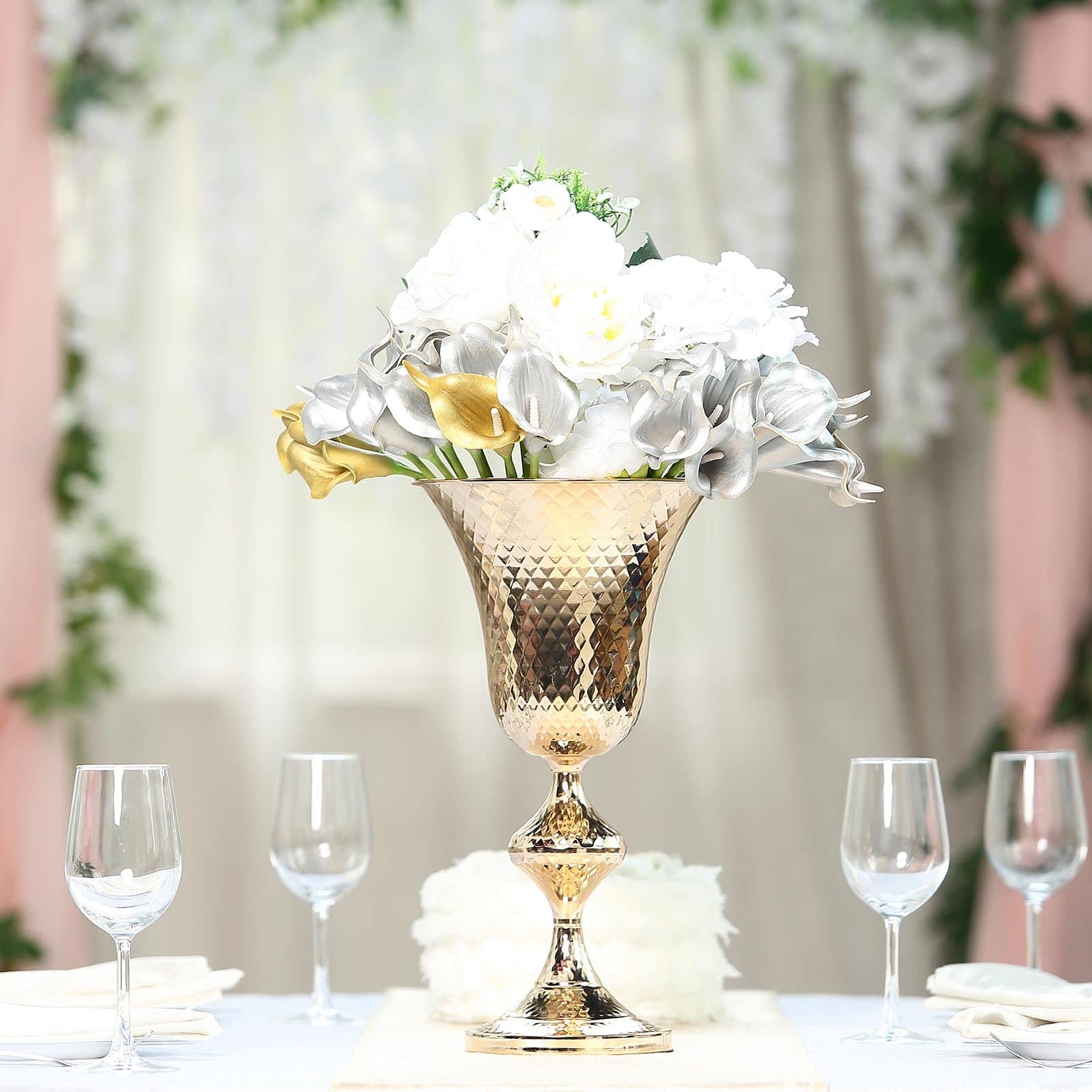 TABLECLOTHSFACTORY 16" Gold Hammered Style Metal Trumpet Vase Centerpiece Gold Vase Dining Room Coffee Table Decorative Centerpiece