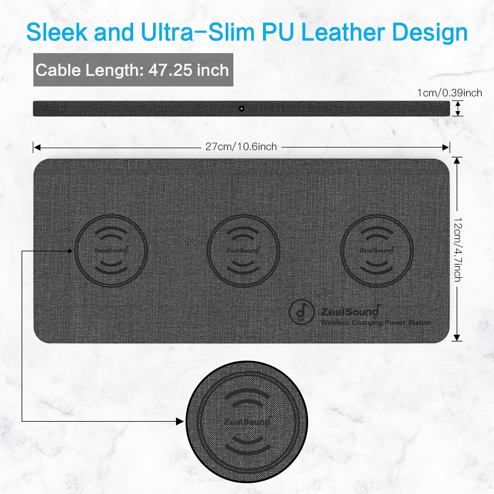 Wireless Charging Pad, ZealSound Ultra-Slim Triple Wireless Charger Station for Multiple 3 Devices & New Airpods Ultra Slim PU Leather Wireless Charging Mat W/AC Adapter for Smartphone Phone (Gray)