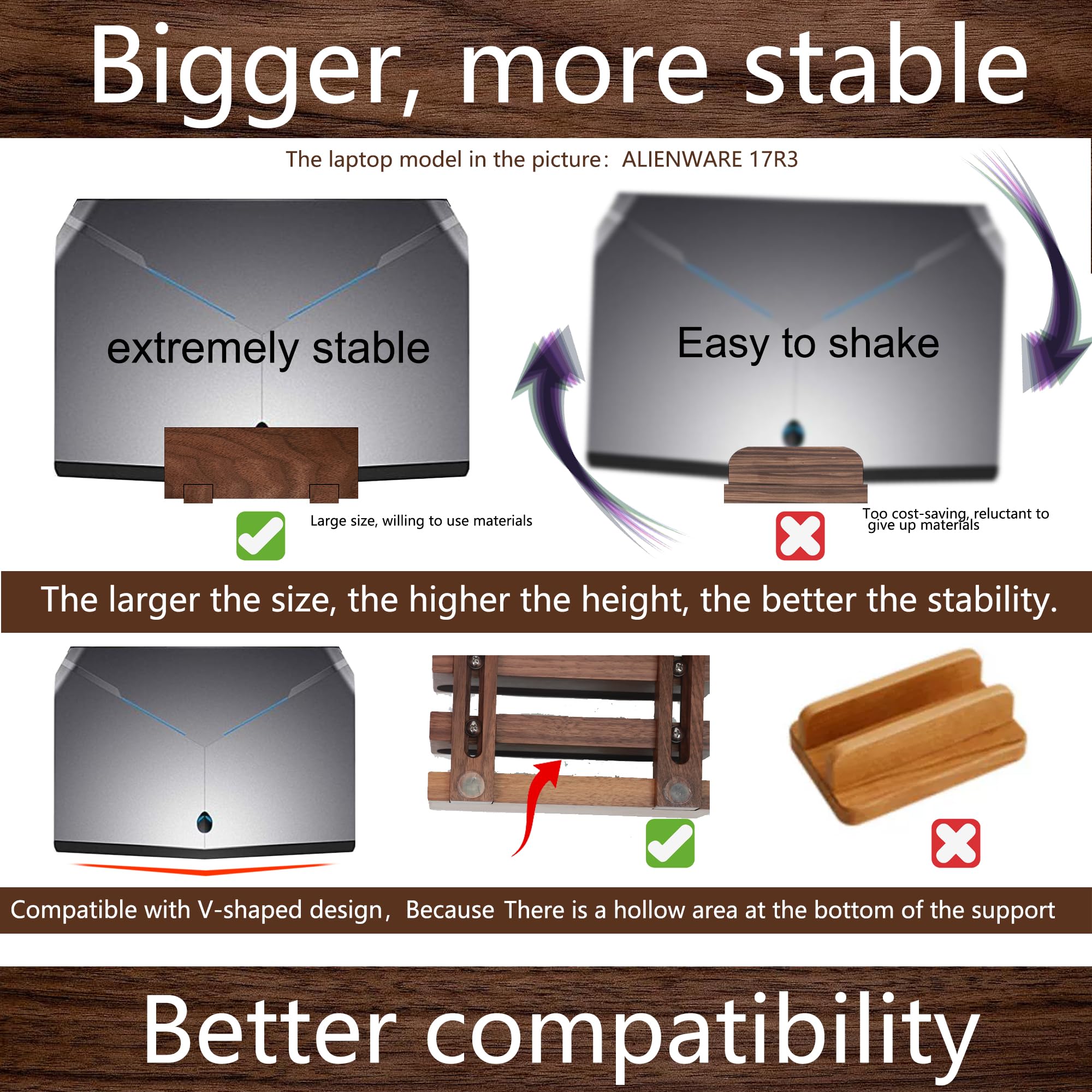 Vertical Laptop Stand for Desk,Resizable Wooden Laptop Holder,Suitable for laptops of various thicknesses and sizes.laptop holder vertical.It can accommodate at least 3 devices . (black walnut)