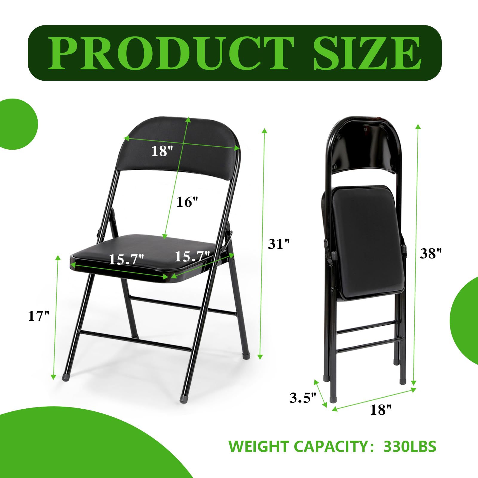 SKONYON Folding Chairs with Padded Seats Black Foldable Chair for Outdoor & Indoor use, 330lbs Capacity (Set of 4)