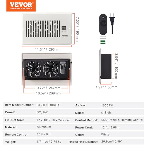 VEVOR Register Booster Fan, Quiet Vent Booster Fan Fits 6” x 10” Register Holes, with Remote Control and Thermostat Control, Adjustable Speed for Heating Cooling Smart Vent, White