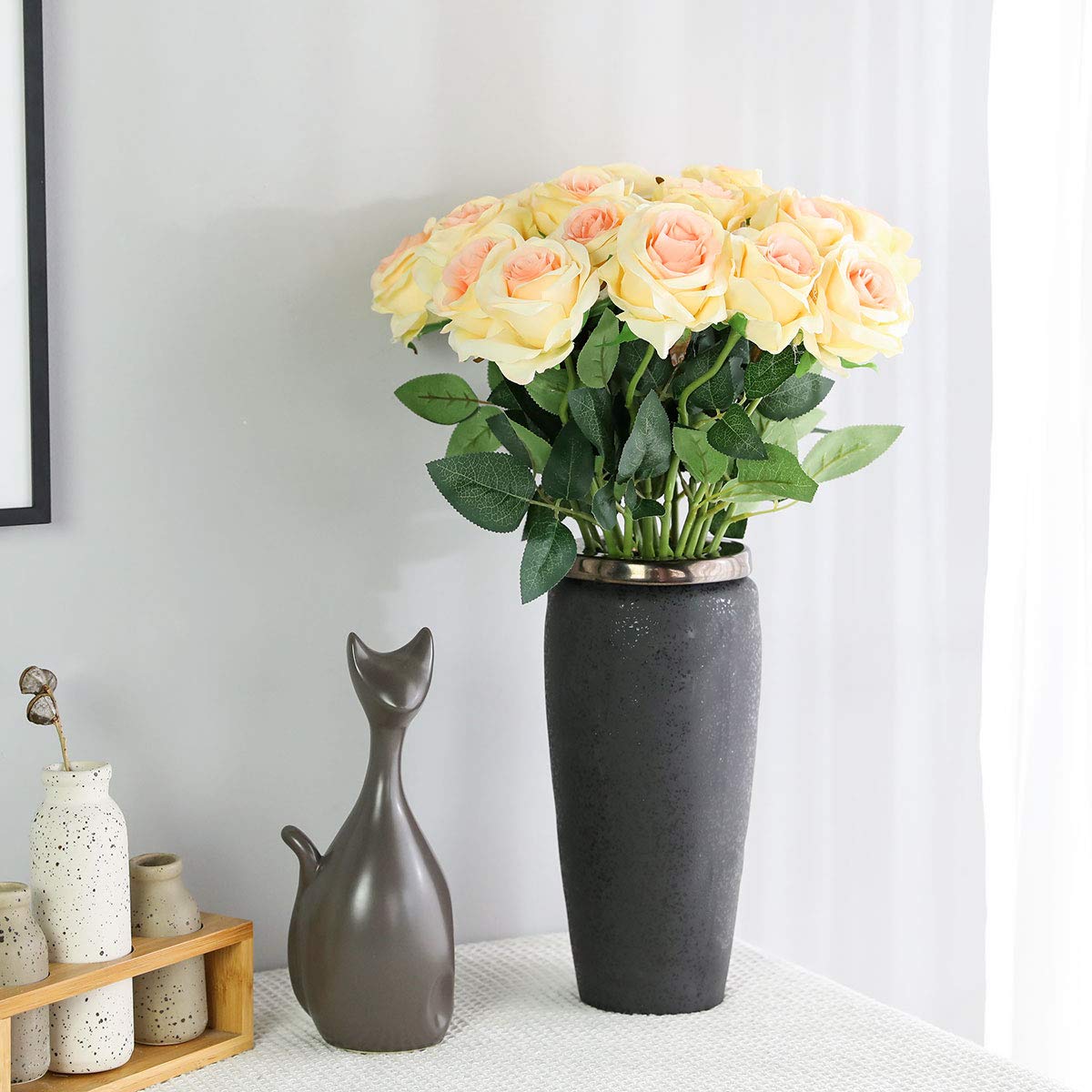 Tifuly 12Pcs Champagne Rose Artificial Flower, Realistic Single Stem Fake Silk Rose Bouquet for Wedding Party Home Centerpiece Hotel Office Decor