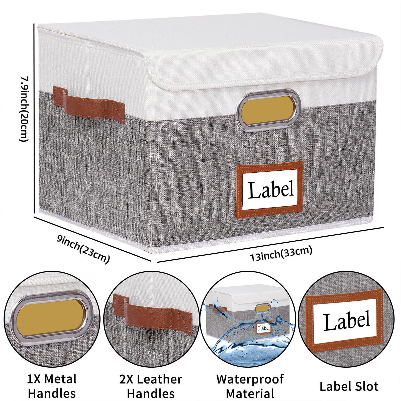 Yawinhe 1-Pack Storage Boxes with Lids, Storage Baskets Cubes, 13x9x7.9Inch, Fabric Storage Bins Organizer Containers with Dual Leather Handles for Home Bedroom Closet Office White/Grey