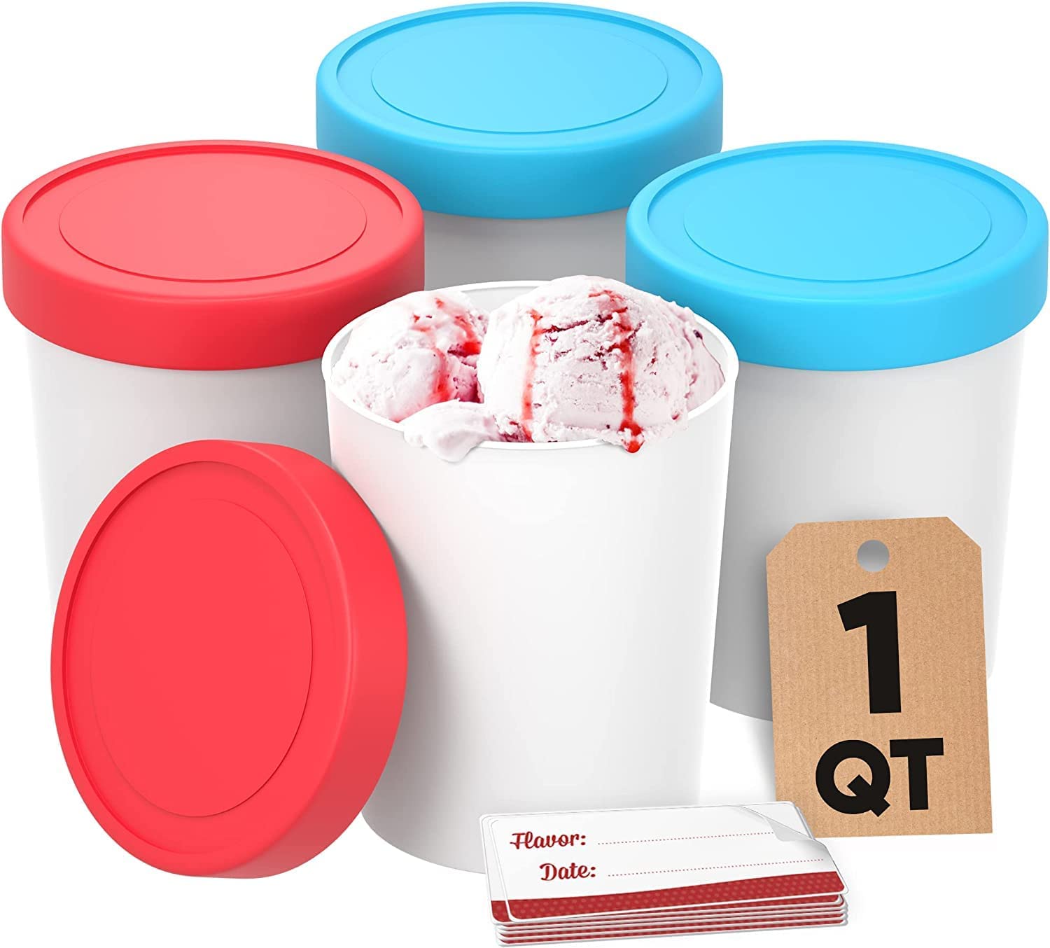 StarPack Ice Cream Containers for Homemade Ice Cream (4 Pcs) - Reusable Ice Cream Containers With Lids - No Leak & Frost Ice Cream Storage Containers For Freezer - 1 QT per Ice Cream Container