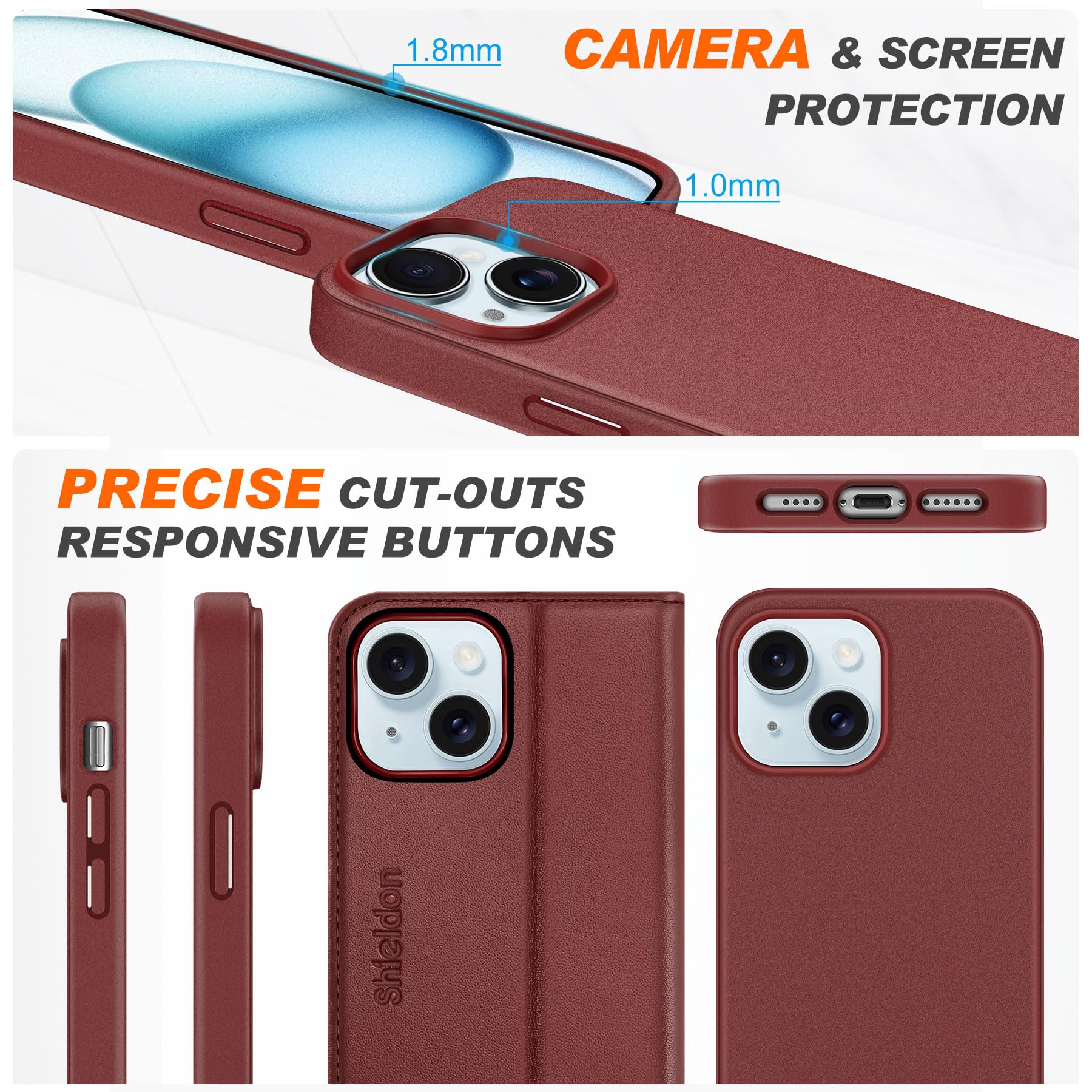 SHIELDON Wallet Case for iPhone 15 Plus 5G, Genuine Leather Detachable Book Flip RFID Blocking Card Slot Magnetic Shock Absorbing Wireless Charging Case Compatible with iPhone 15 Plus - Wine Red