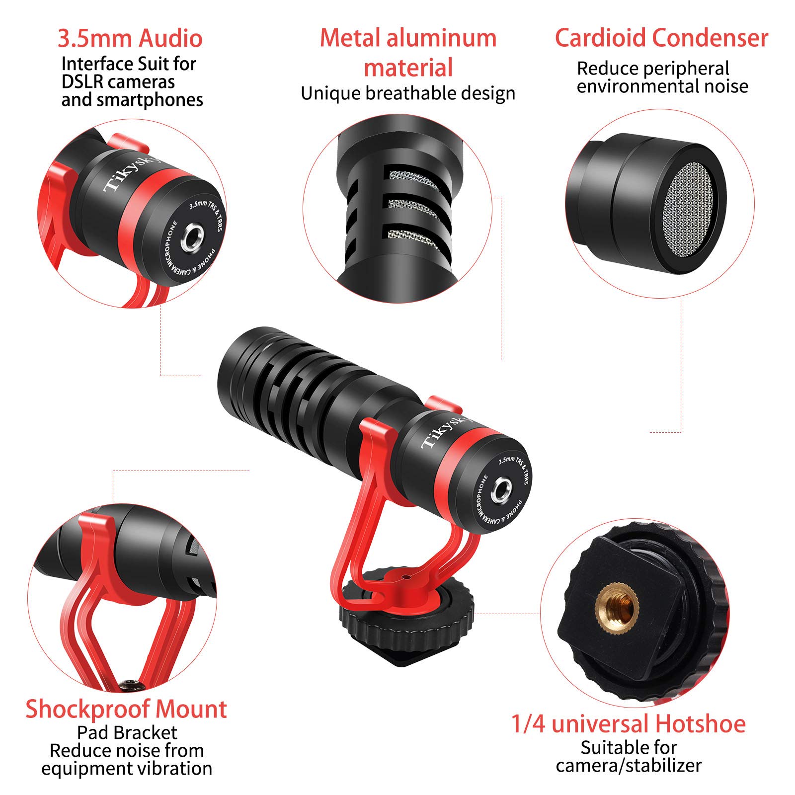 tikysky Video Microphone, Camera Microphone Phone Mic for Smartphone iPhone DSLR Compatible with Nikon Sony Fuji