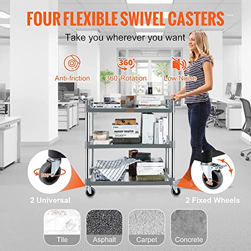 VEVOR Utility Service Cart, 3 Shelf Heavy Duty 220LBS Food Service Cart, Rolling Utility Cart with Lockable Wheels, 40" x 19.3" x 38.6" Plastic Utility Cart for Kitchen Office Restaurant Home, Grey