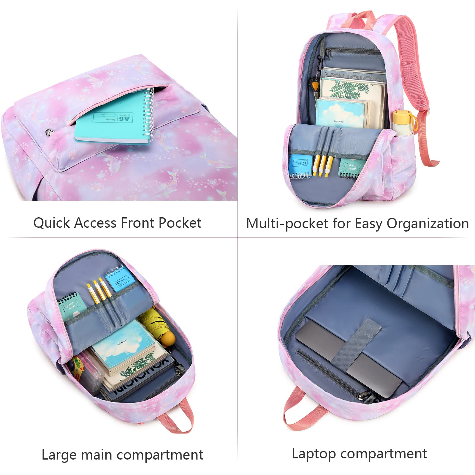 YCBB Kids Backpacks for Girls Dolphin School Bookbags Set with Lunch Tote Bag Lightweight Preschool Kindergarten Elementary School Backpacks