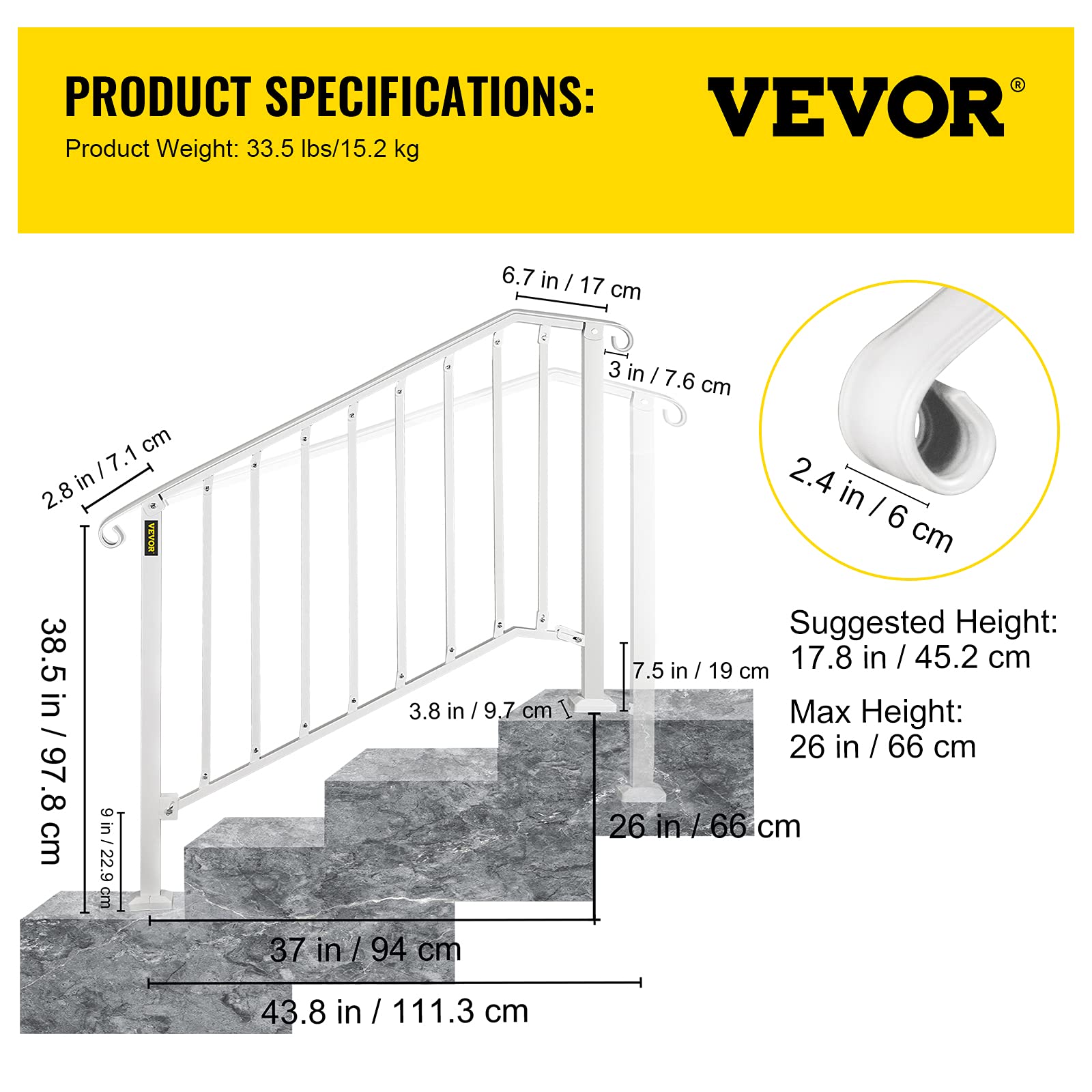 VEVOR Handrail for Outdoor Steps, 3-4 Steps White Fence Outdoor Handrail, Adjustable Metal Staircase Handrail, Thickened Stair Railings for Porch Railing, Deck Handrail