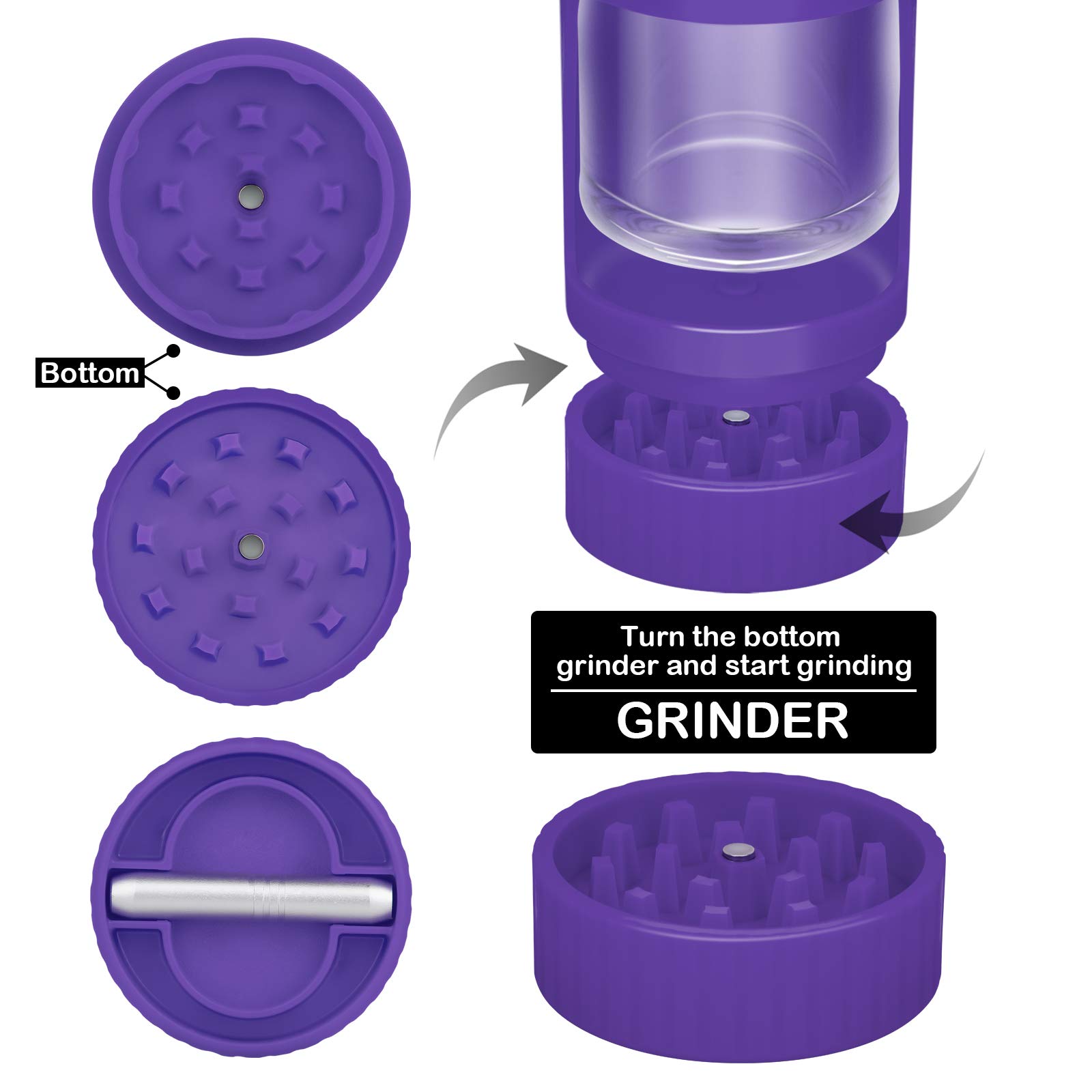 Stash Jar Light-Up LED Glass Air Tight Storage Jars Smell Proof Jar 8 Times Magnifying Viewing Jar,Glow Jar with Grinder,Portable Herb Container 110ml,Keep Foods Dry and Fresh (Purple, No Grinder)