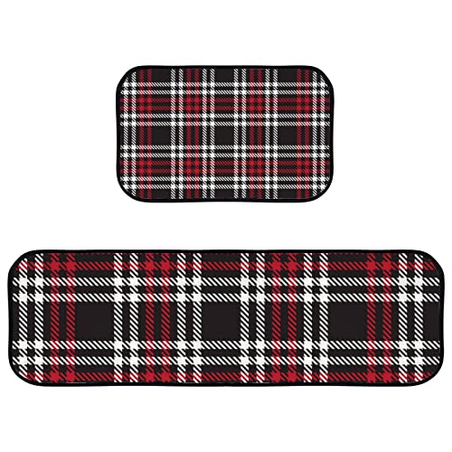 Vantaso Kitchen Floor Mat Rug Red Plaid Checkered Tartan Set of 2 Cushioned Non-Slip Comfort Runner Rugs