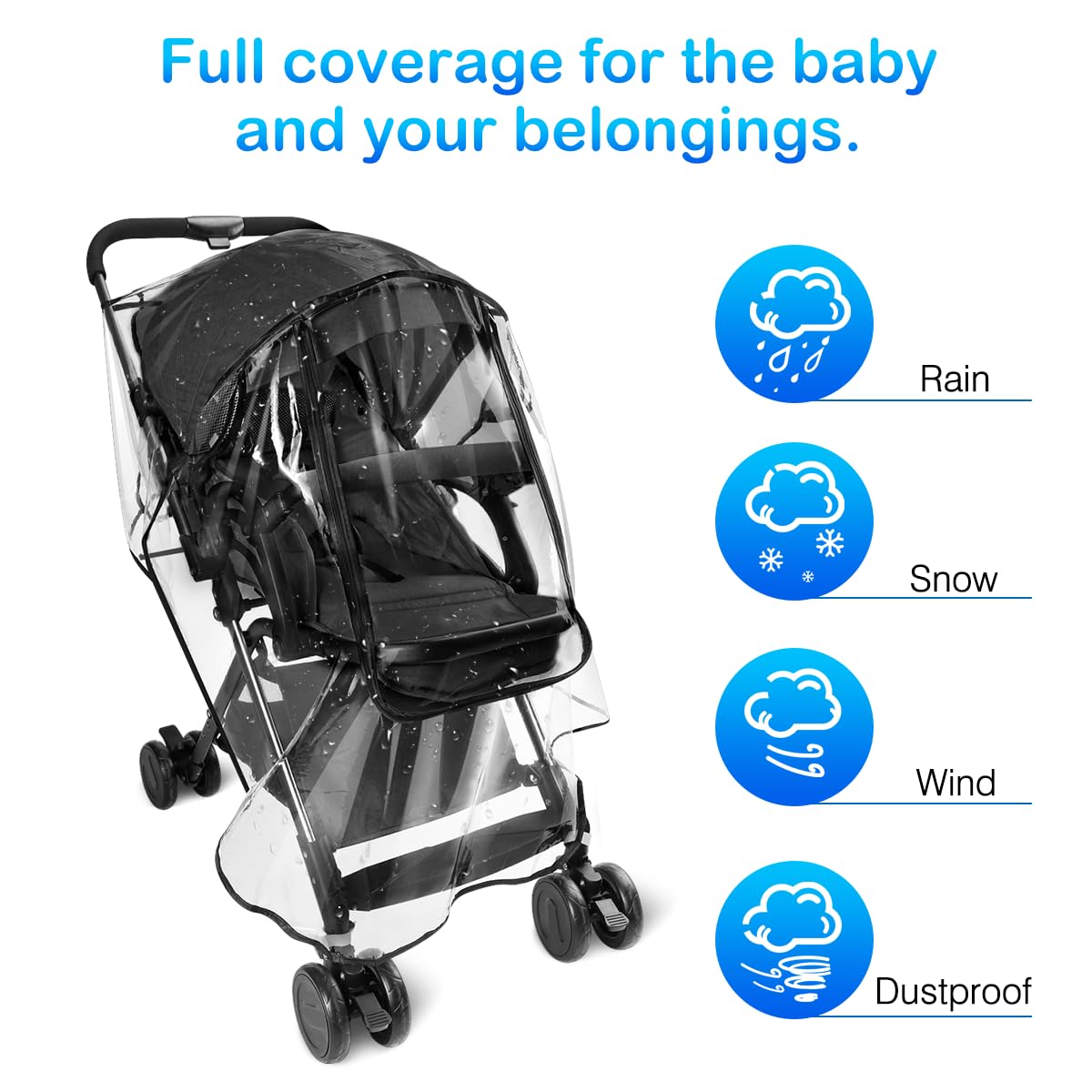 Zooawa Stroller Rain Cover, Universal Size Baby Christmas Travel Weather Shield Food Grade EVA Plastic Waterproof Windproof Dust Resistant Stroller Raincover for Jogger Stroller Buggy Pram - Clear