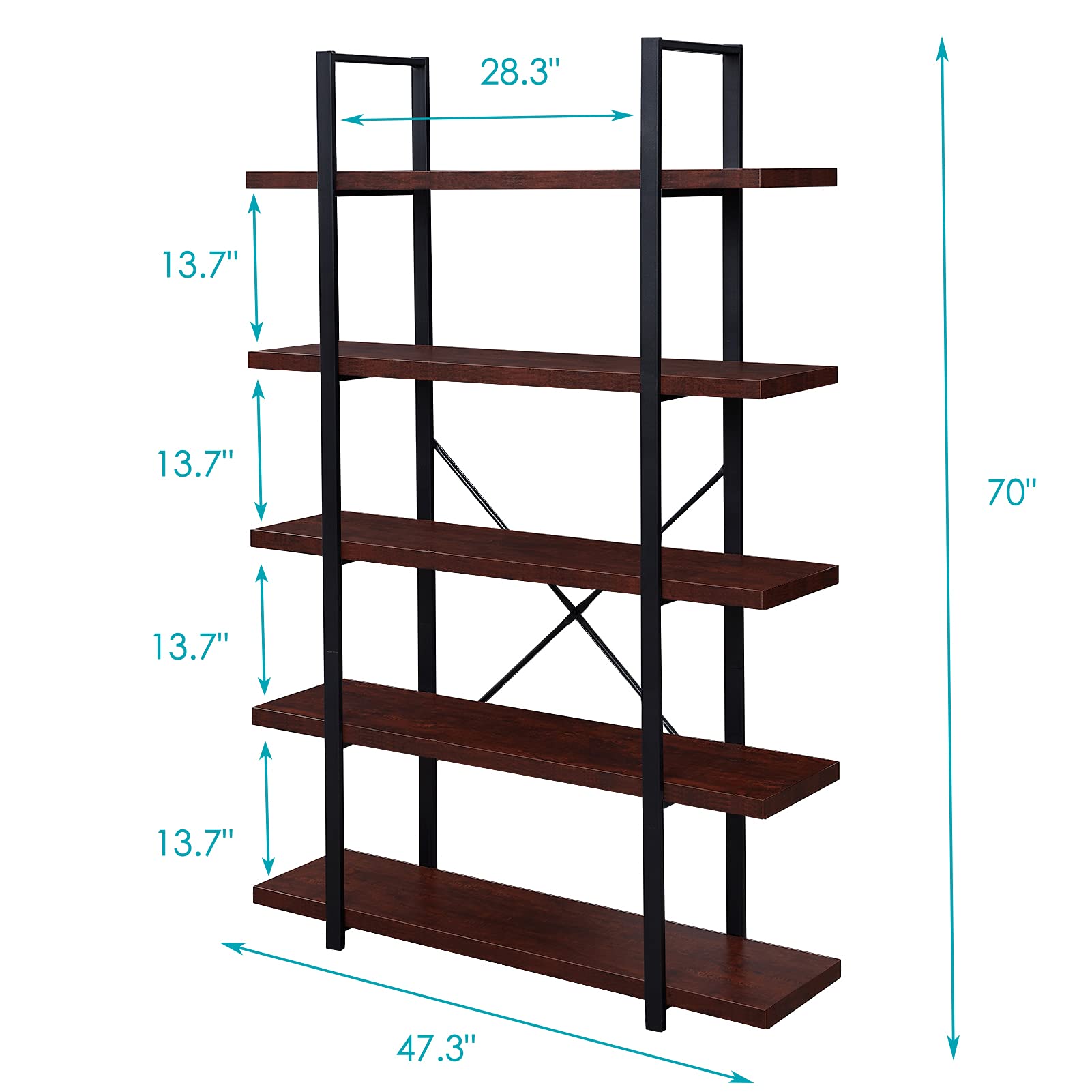 SUPERJARE 5-Tier Bookshelf, Industrial Bookcase with Metal Frame, Modern Rustic Shelving Unit for Home Office, Wood Grain - Walnut