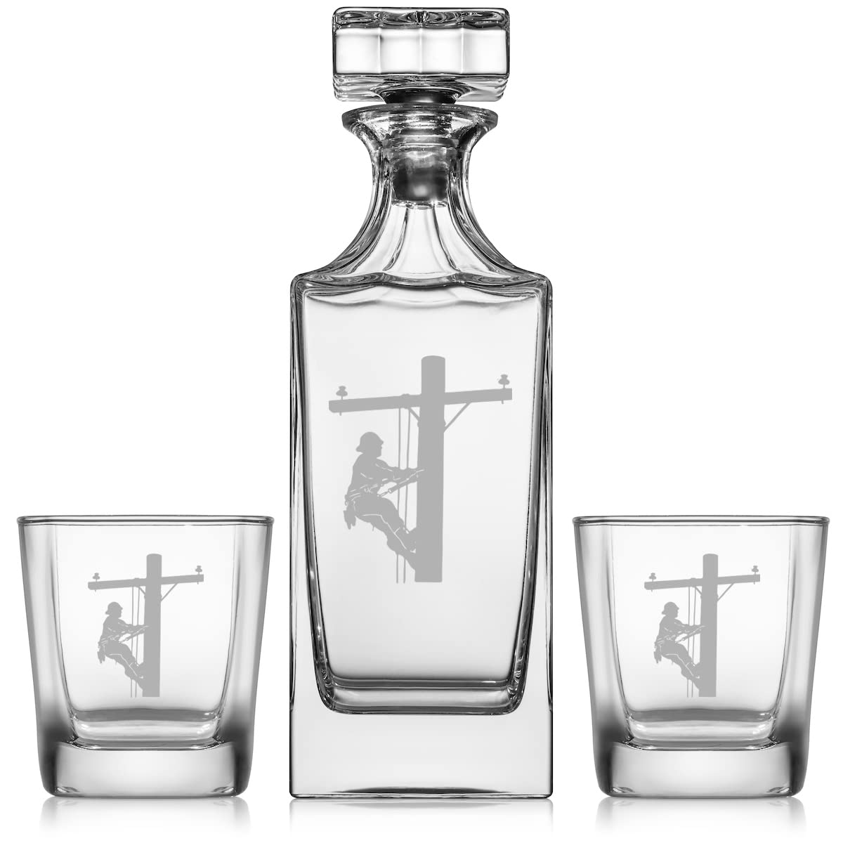Whiskey Decanter Gift Set With 2 Whiskey Old Fashioned Rocks Glasses Lineman Electric Pole Climber