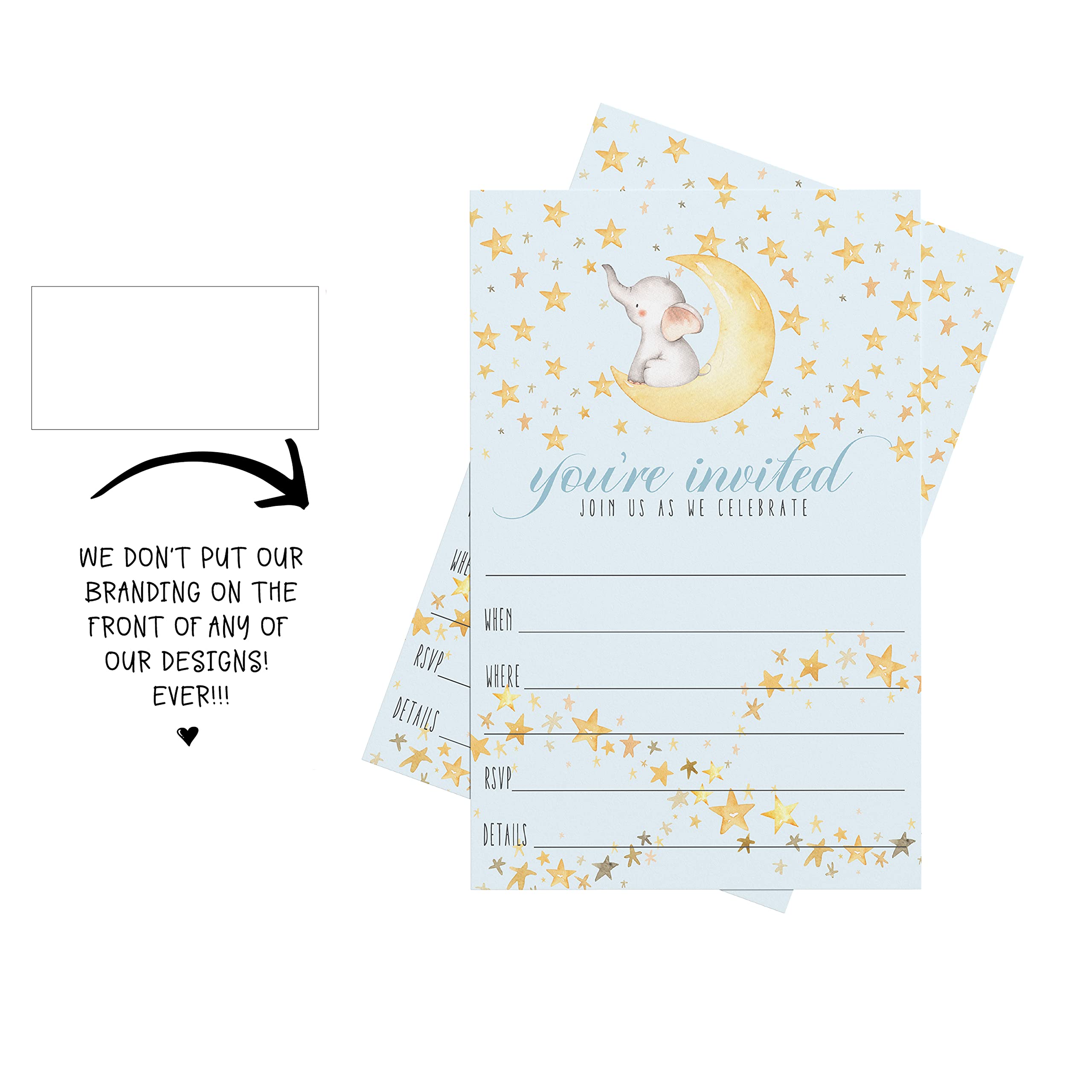 Star and Elephant Invitations with Envelope Pack of 15 – Blank Invites for Boys Baby Shower, Reveal, Sprinkle – Twinkle Starry Moon Event Designs Blue – Printed 4x6 Size Card Set - Paper Clever Party
