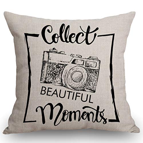 SSOIU Motivational Quote Throw Pillow Cover, Collect Beautiful Moments with Retro Camera Decorative Throw Pillow Covers Cotton Linen Pillow Cases 18β x 18β for Home Decor