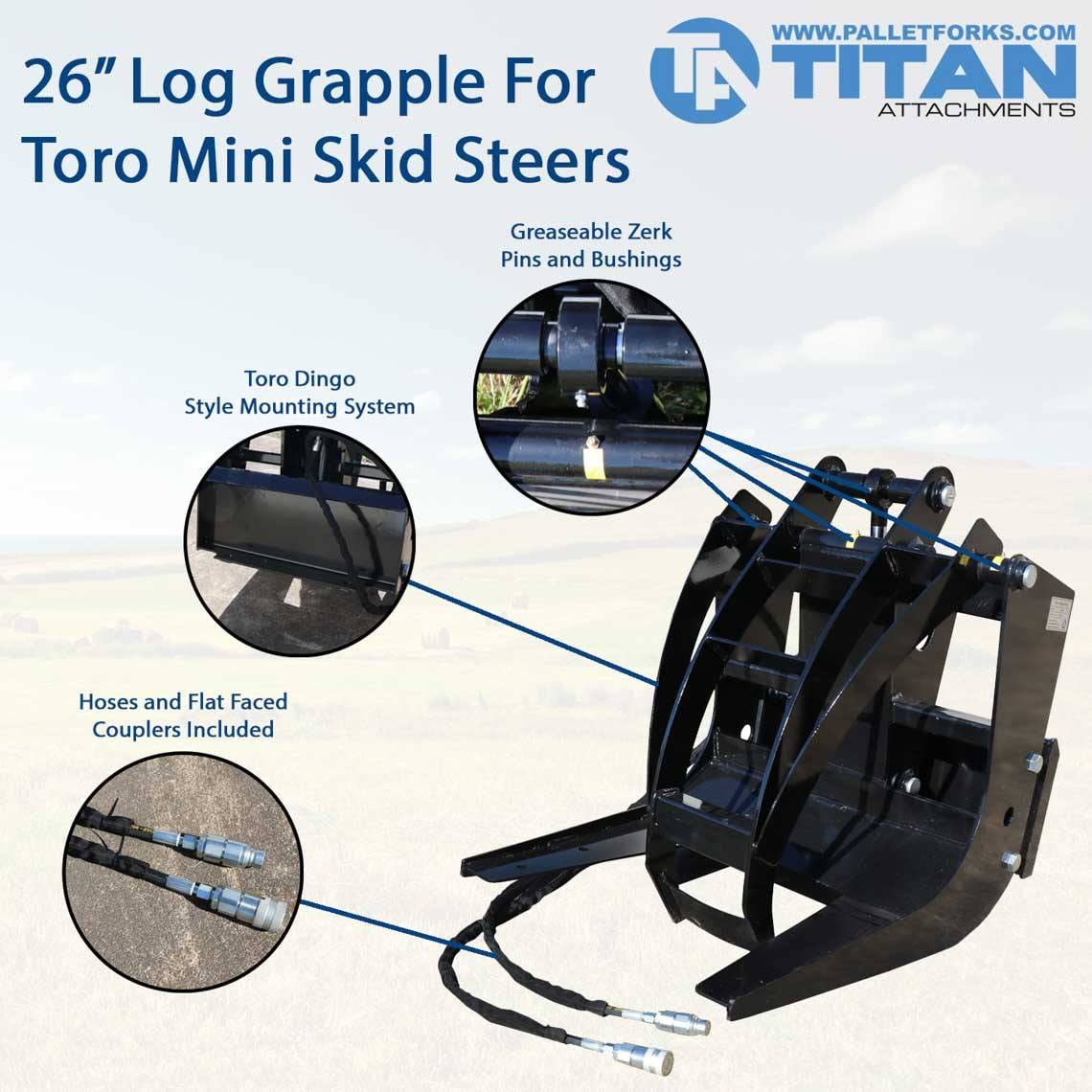 Titan 26†Hydraulic Log Grapple Attachment Compatible with Toro Dingo and Ditch Witch