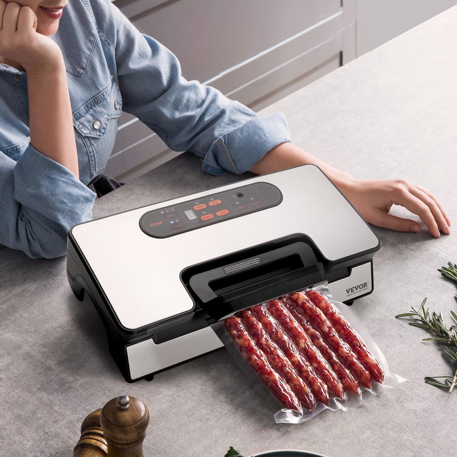 VEVOR Vacuum Sealer Machine, Food Sealer Machine,Dry and Moist Food Storage, Automatic and Manual Air Sealing System with Built-in Cutter, with Seal Bag, External Hose 90Kpa 130W Powerful Dual Pump